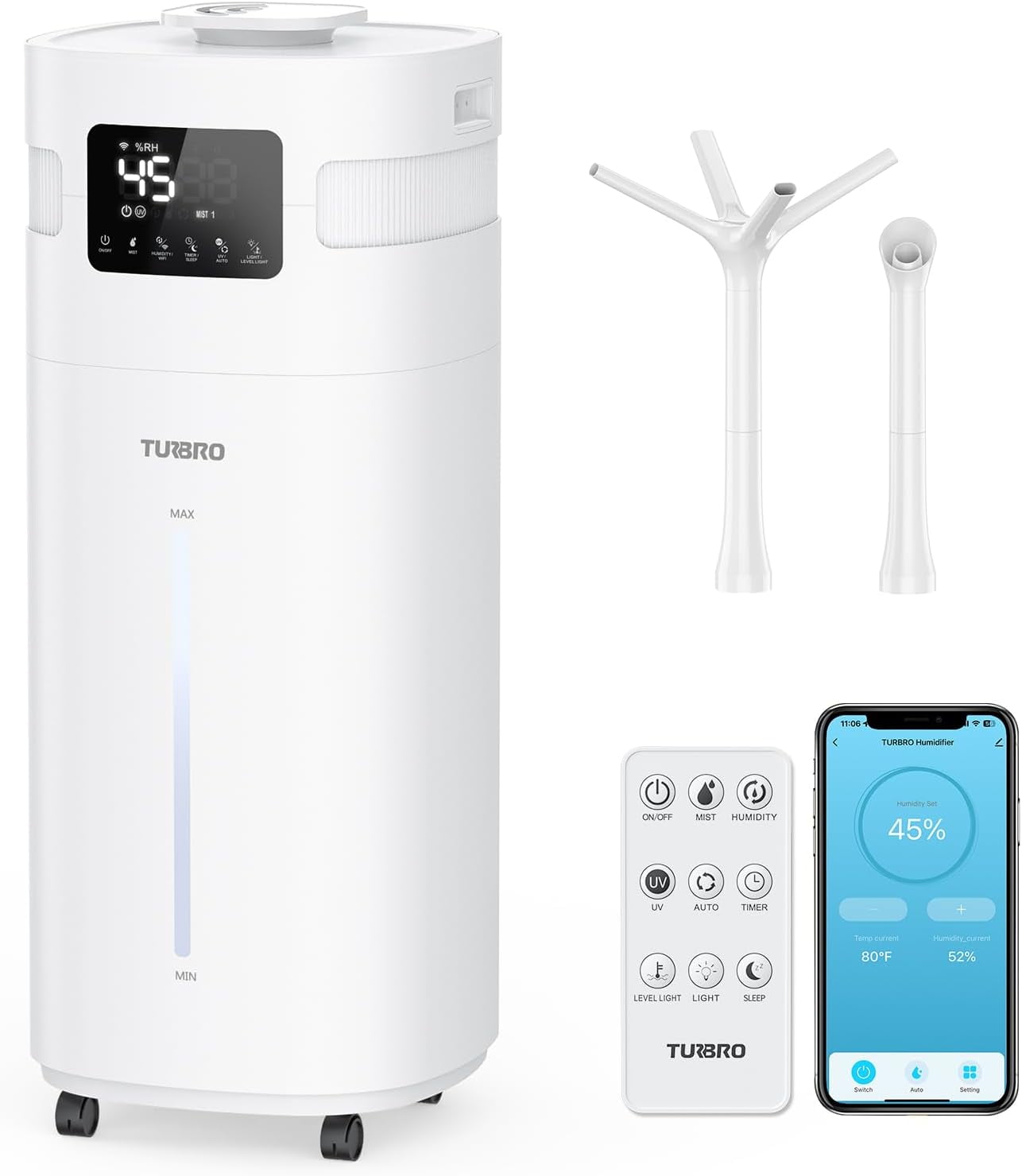 TURBRO Wifi-Compatible Commercial Humidifier, 5.3 Gal, UV-C, 360 ...