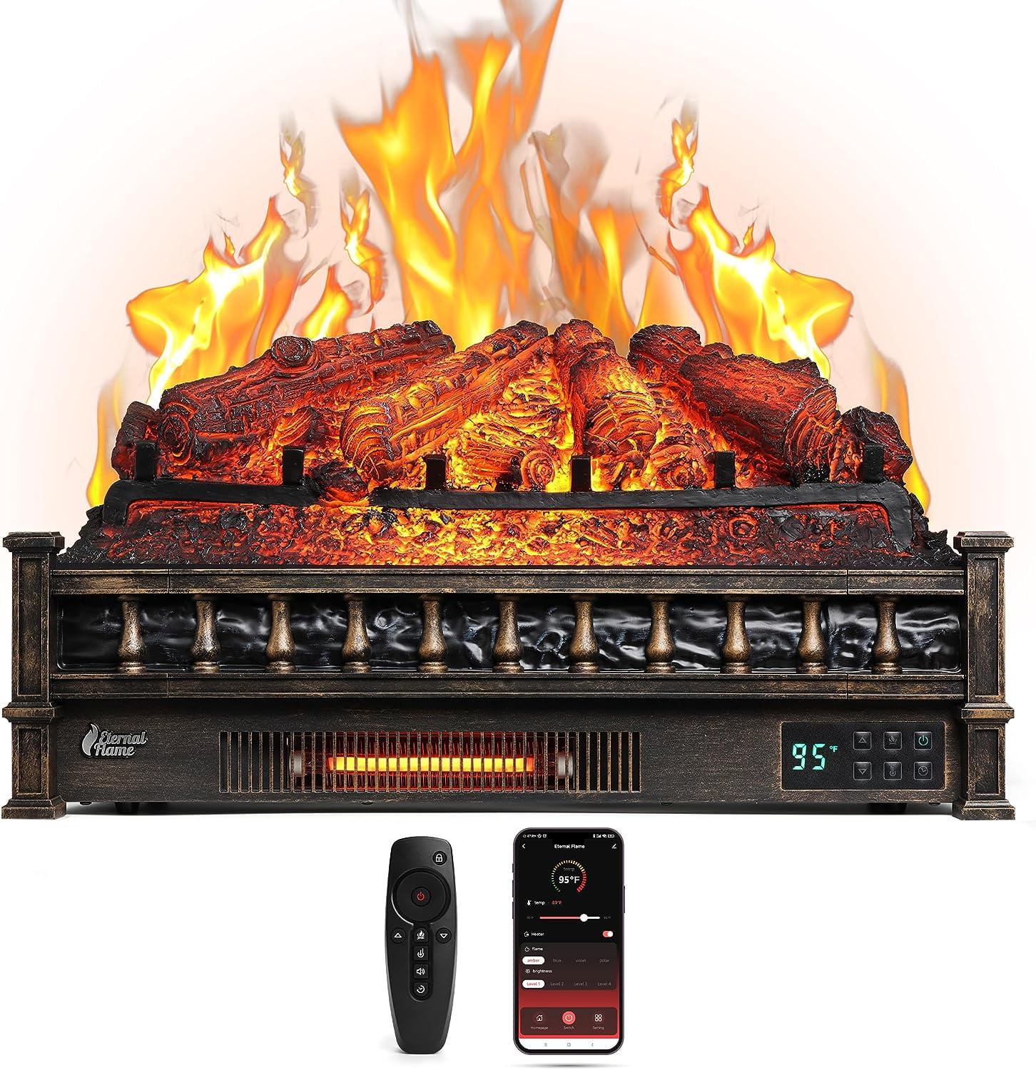 TURBRO Eternal Flame 26 in. WiFi Quartz Electric Fireplace Log Heater ...