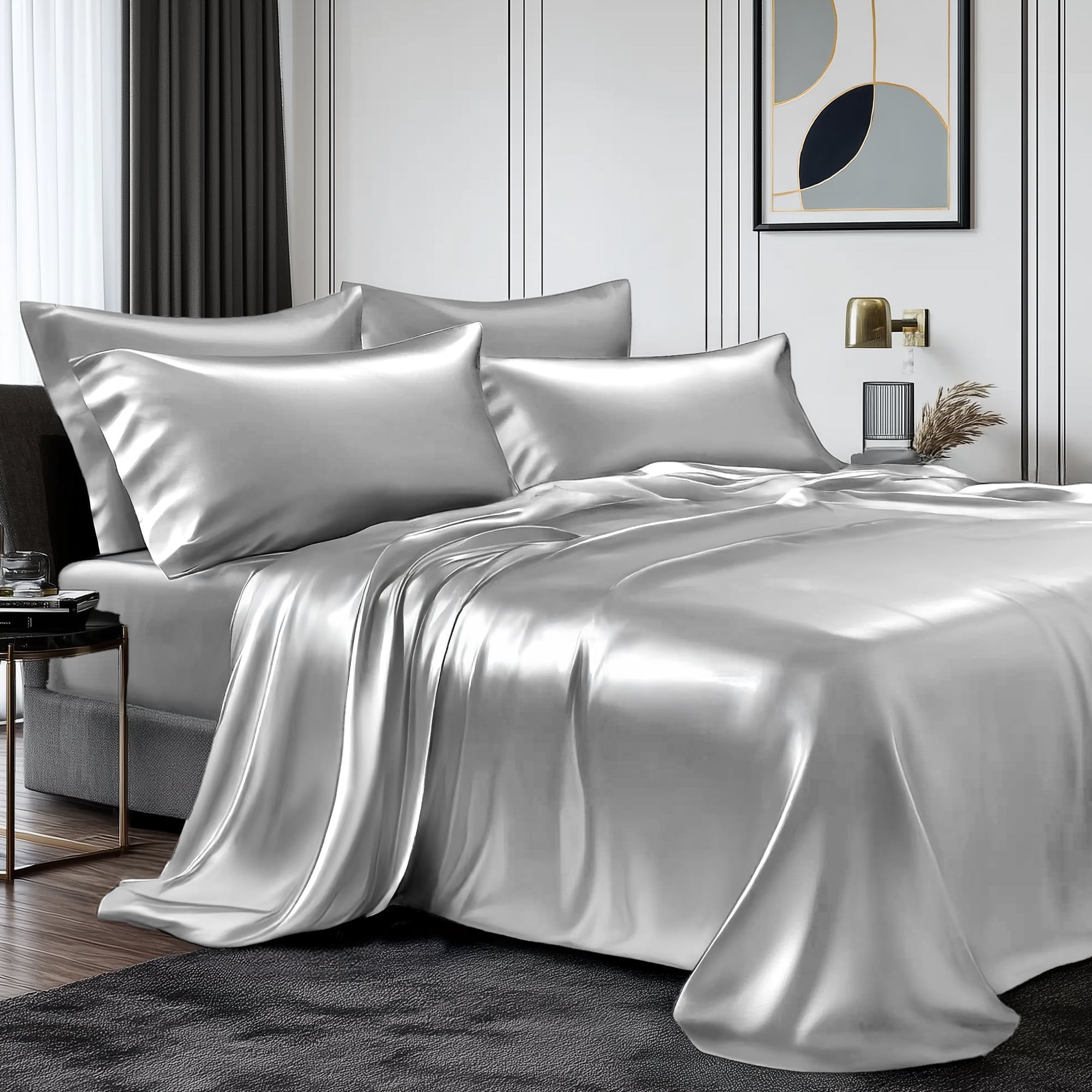 TURKIO Satin Sheet Set Full Size Gray Bed Sheets with Deep Pocket Flat ...