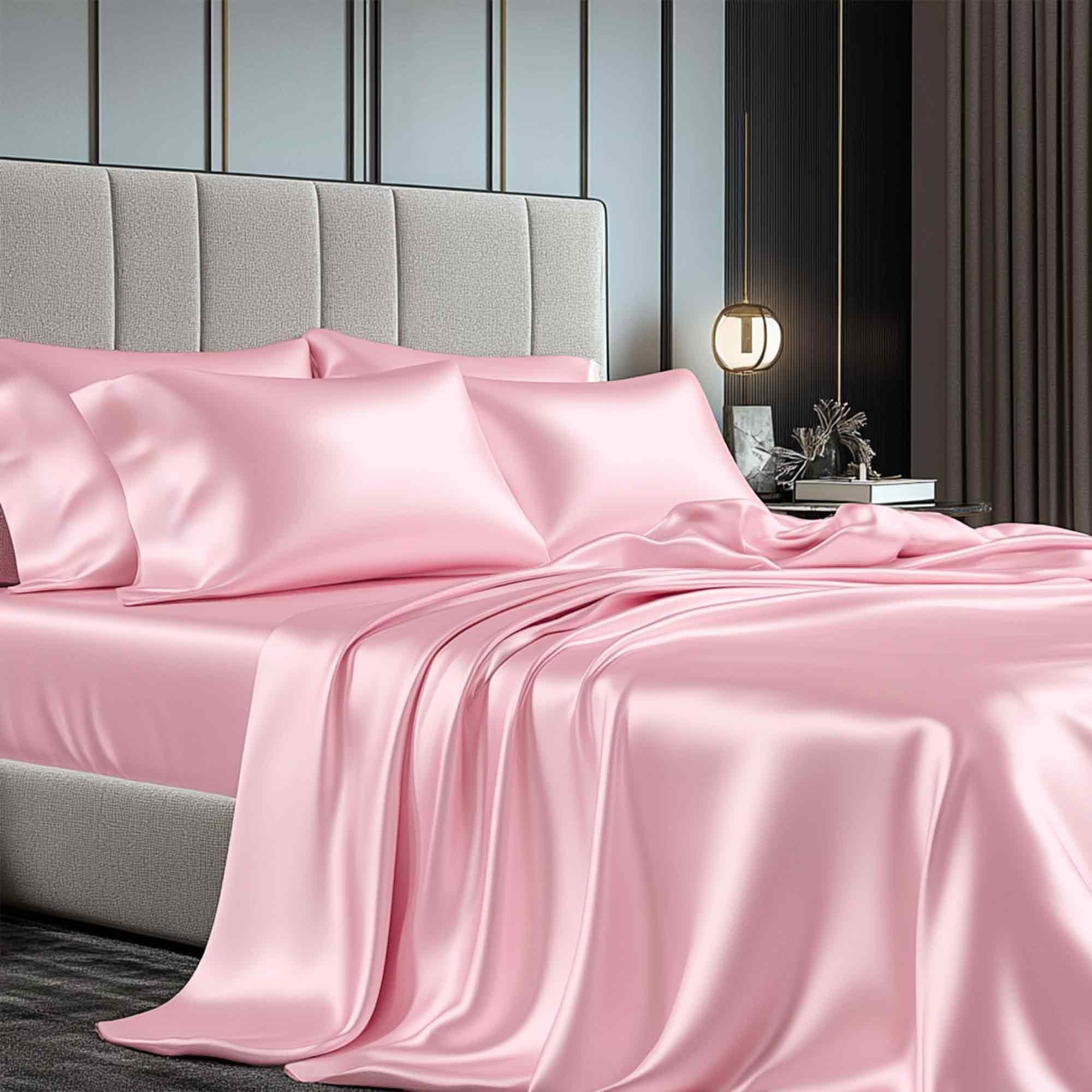 TURKIO Satin Sheet Set Full Size Pink Bed Sheets with Deep Pocket Flat ...