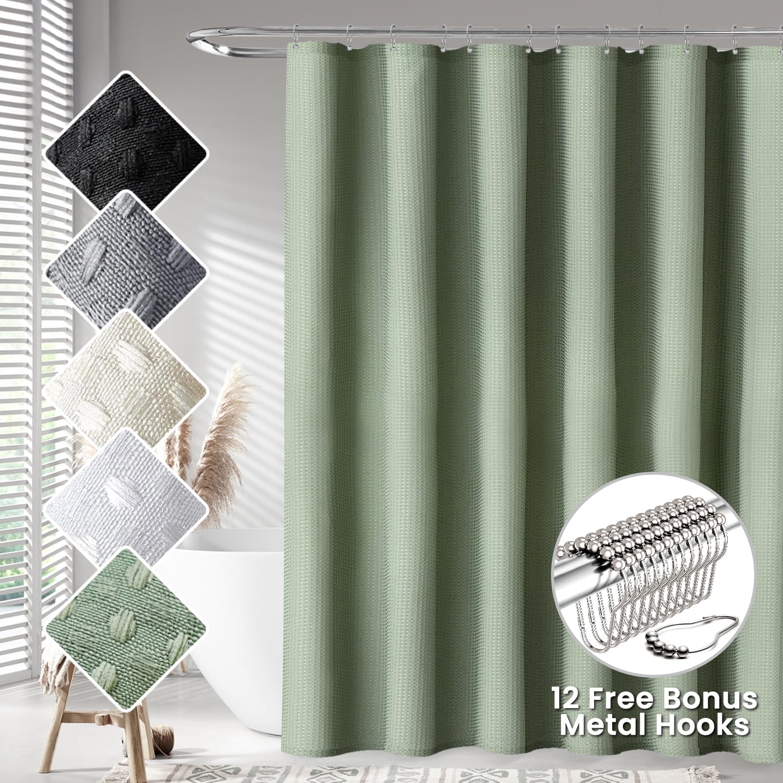 TURKIO Waffle Shower Curtain,Sage Green Soft Fabric Shower Curtain ...