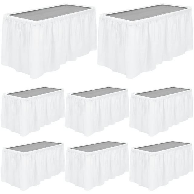 TURSTIN 8 Pieces White Plastic Table Skirts 14 x 29 Feet for Rectangle Tables Fitted Tablecloth ...