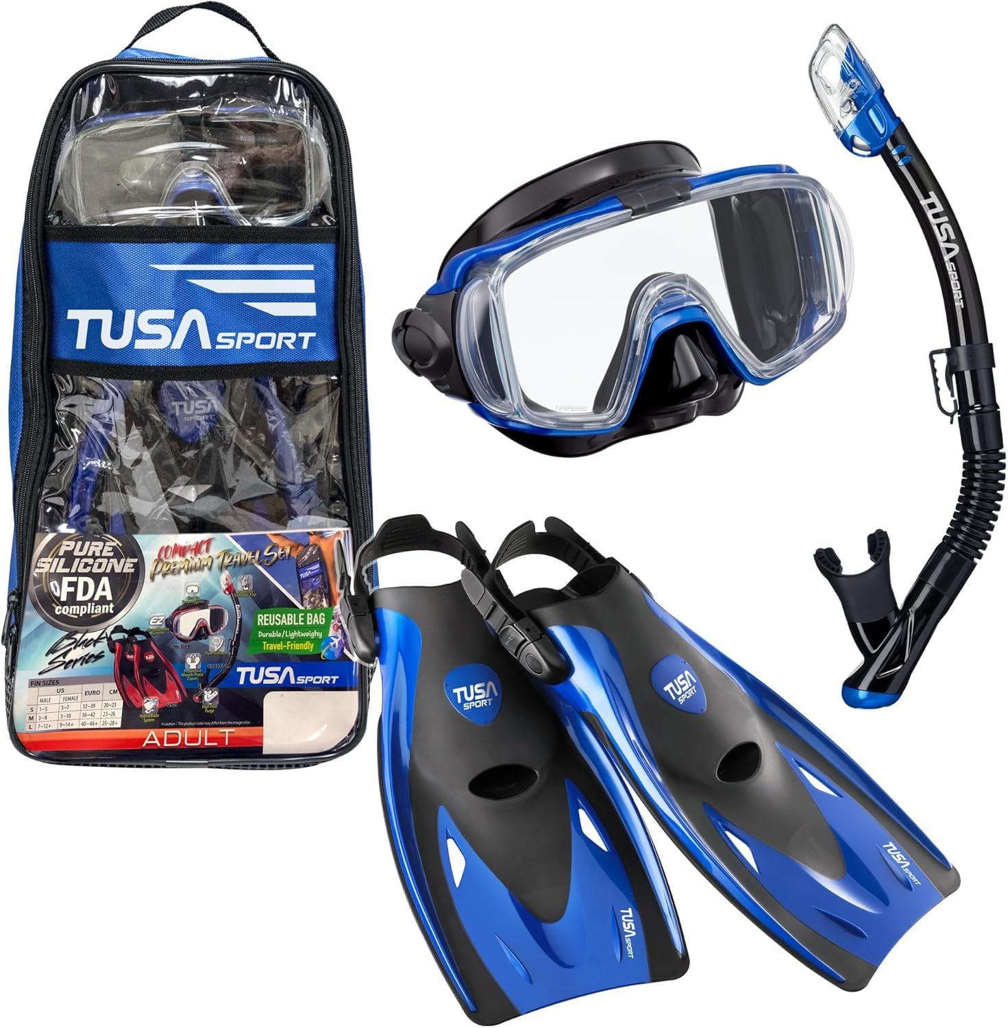TUSA Sport Adult Black Series Visio Tri-Ex Mask, Dry Snorkel, and Fins Travel Set, - Walmart.com