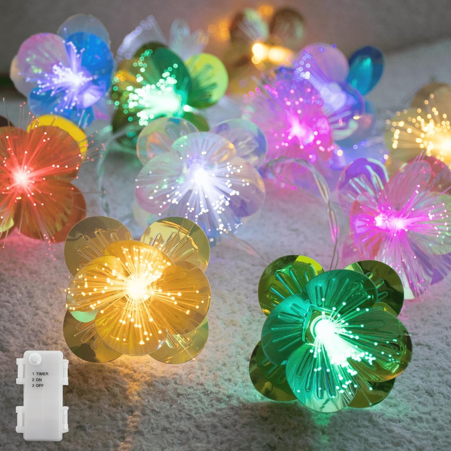 TUSLUZ Fiber Optic Flower String Lights Battery Operated with Timer, 6 ...
