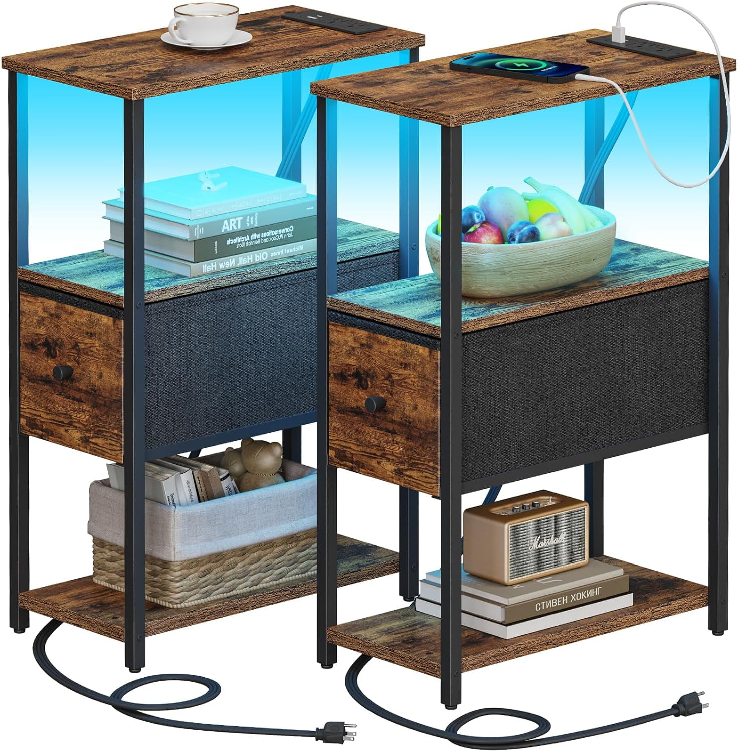 TUTOTAK Small Narrow LED End Table with Charging Station, Side Table ...