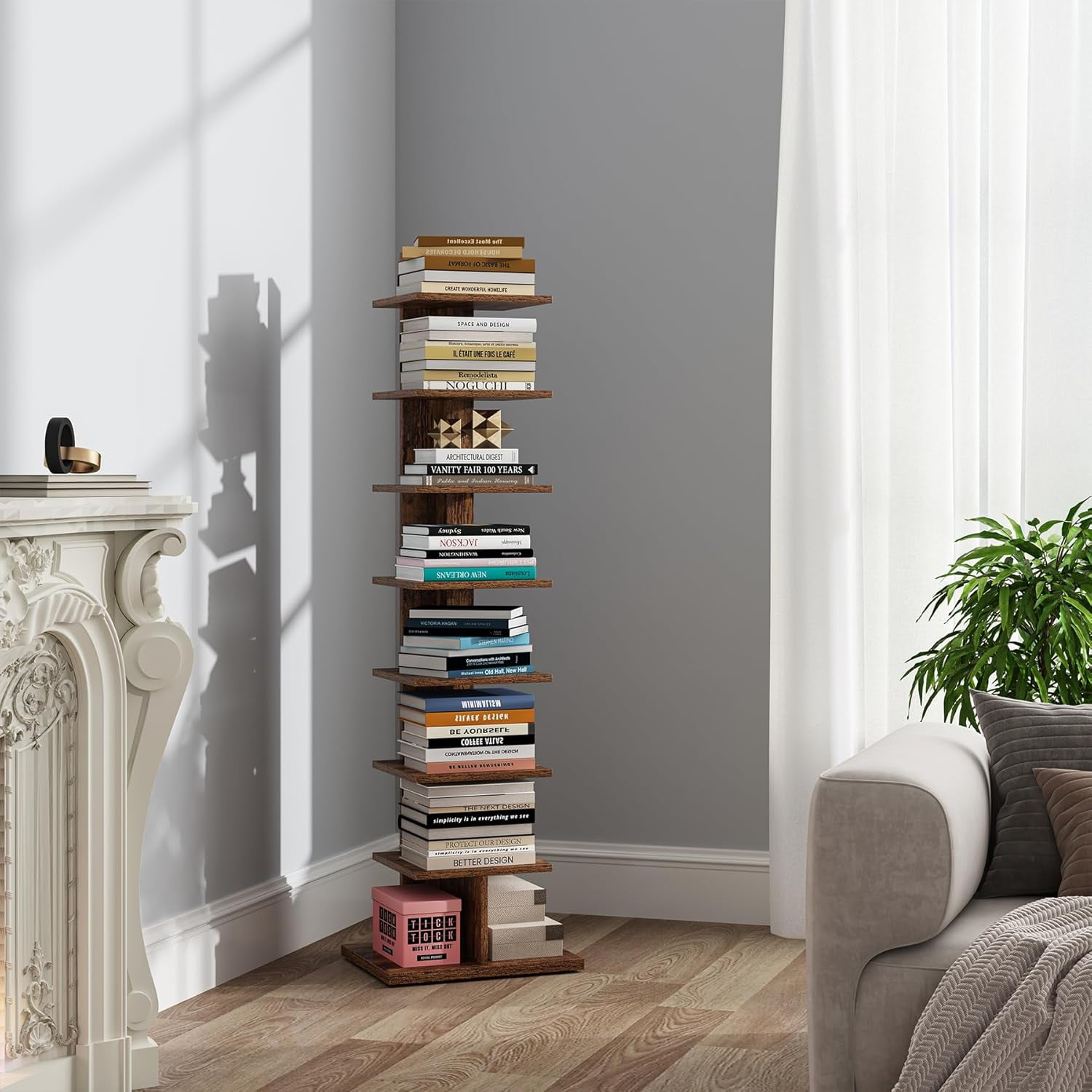 TUTOTAK Vertical Bookshelf, 8-Tier Bookcase, Narrow Spine Book Shelf ...