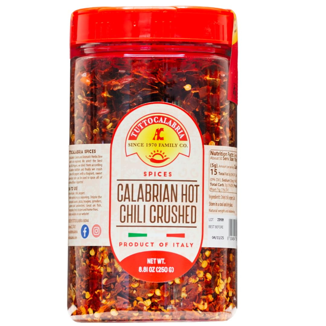TUTTOCALABRIA Calabrian Crushed Chili ESF27 Dry Pepper Flakes, Large Shaker, Product of Italy ...