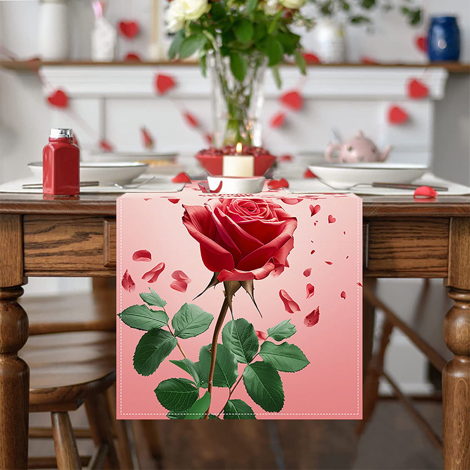 TUTUnaumb 1PC Roses Flowers Linen Table Runner Romantic Table Cover ...