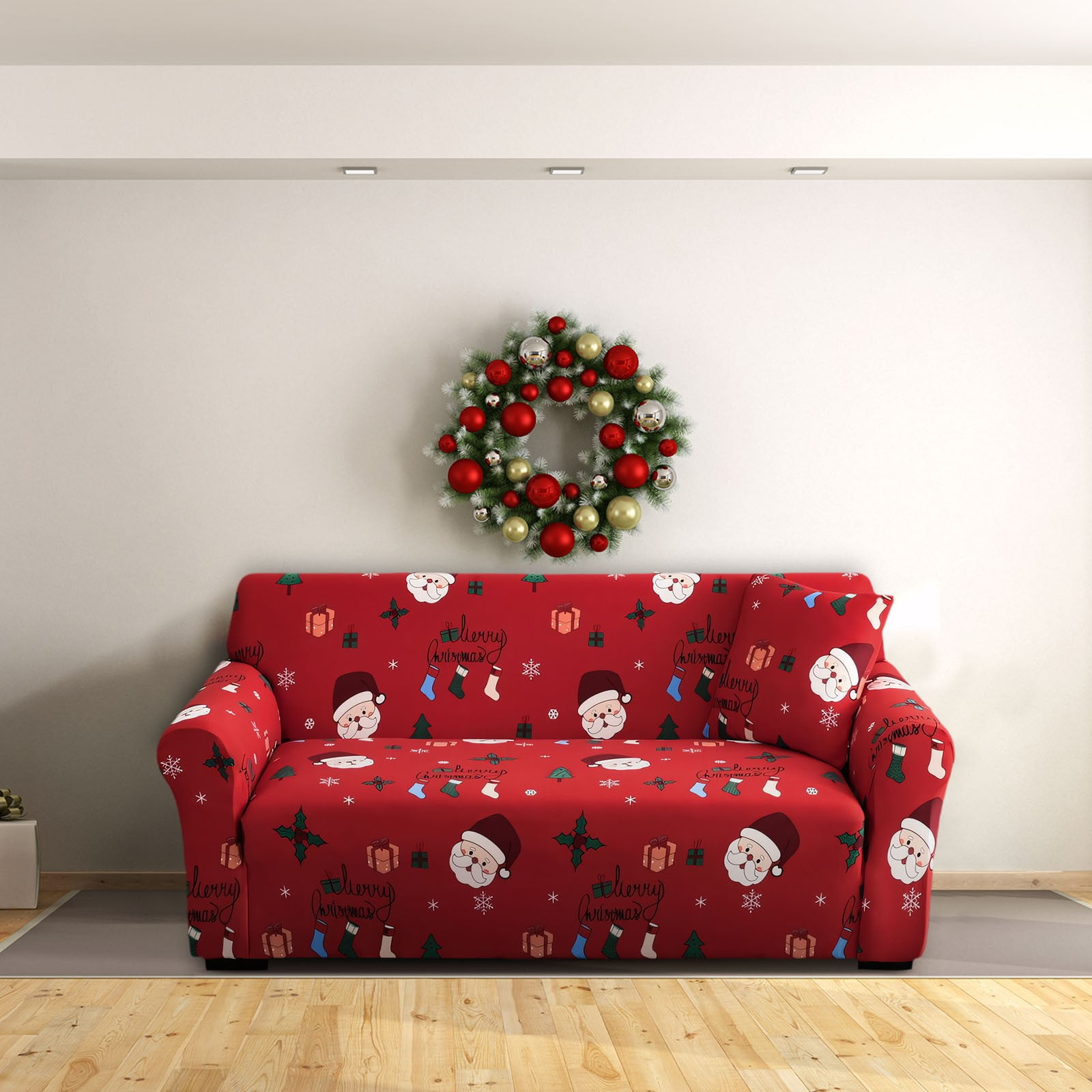 TUTUnaumb Christmas Printed Red Sofa Slipcover, Santa Claus Printed ...