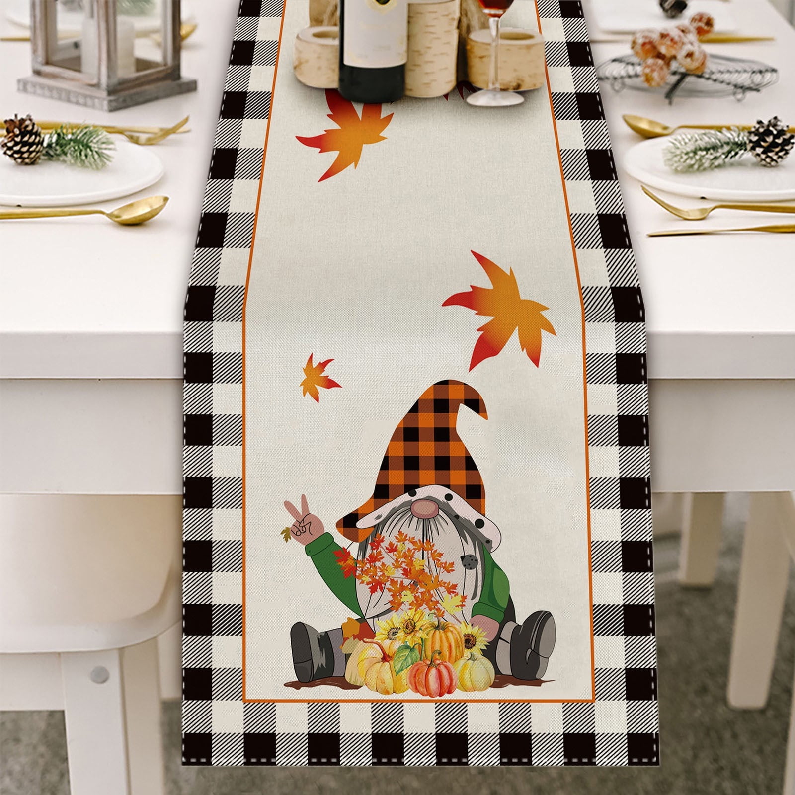 TUTUnaumb Fall Pumpkin Maple Gnome Table Runner 13"×72", Buffalo Check ...