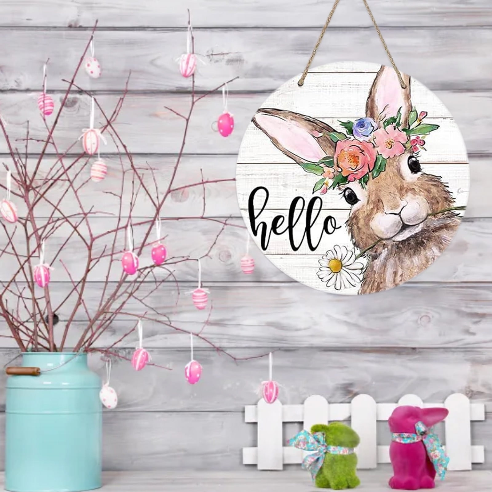 TUTUnaumb Hello Summer Easter Bunny Rabbit Sign for Front Door Decor ...