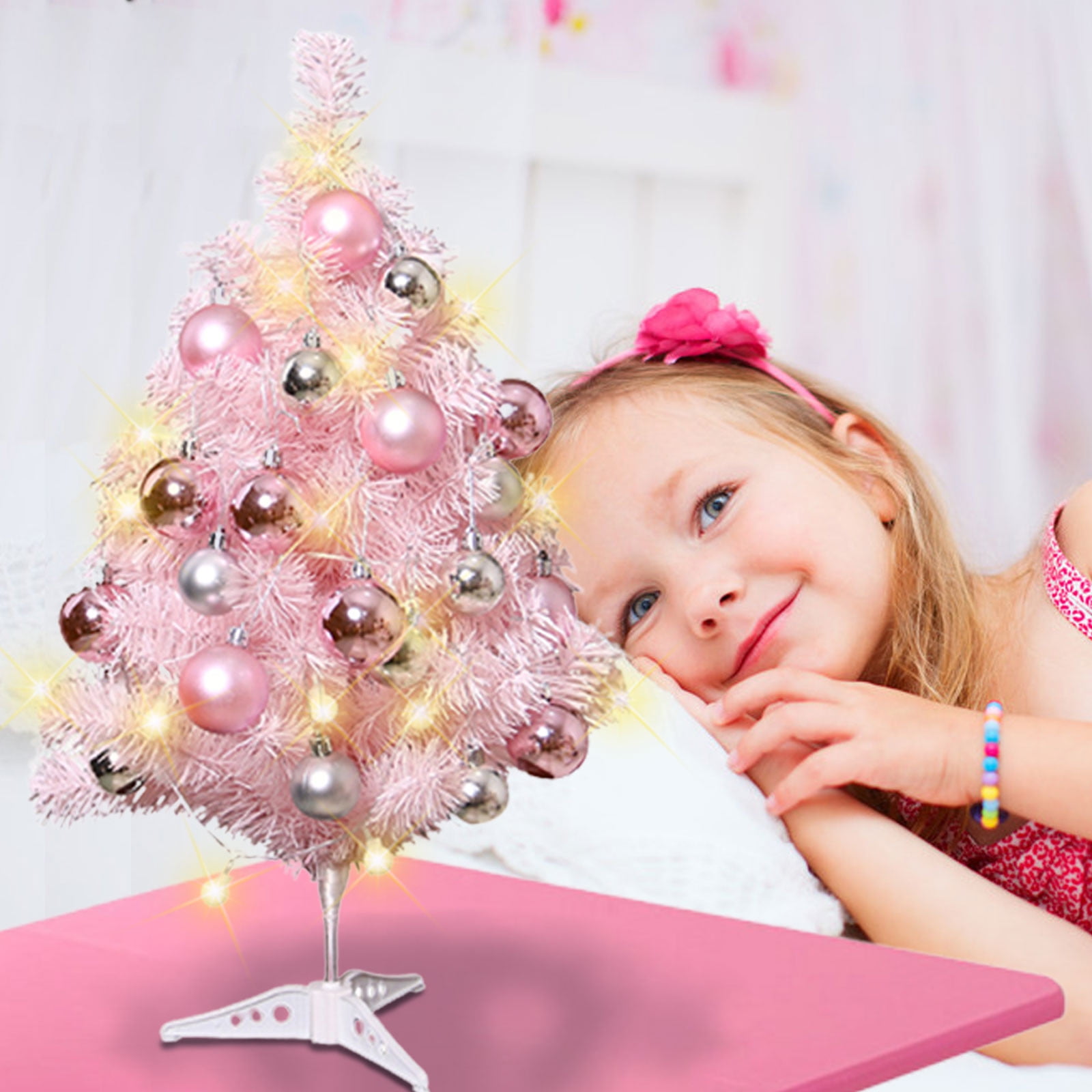 TUTUnaumb Small Pink Christmas Tree 23.6 Inch Tabletop Mini Artificial Xmas Tree with LED String Lights Hanging Ornaments Battery Operated Desktop