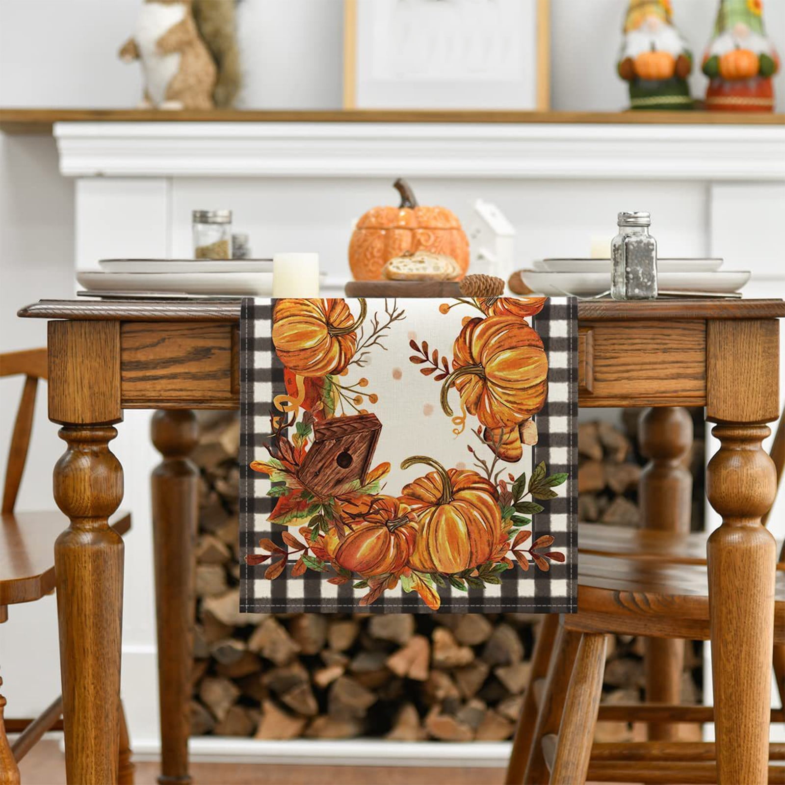 TUTUnaumb Thanksgiving Table Runner, 13x78.7 Inch Maple Leaves Fall Buffalo Plaid Pumpkin Table ...