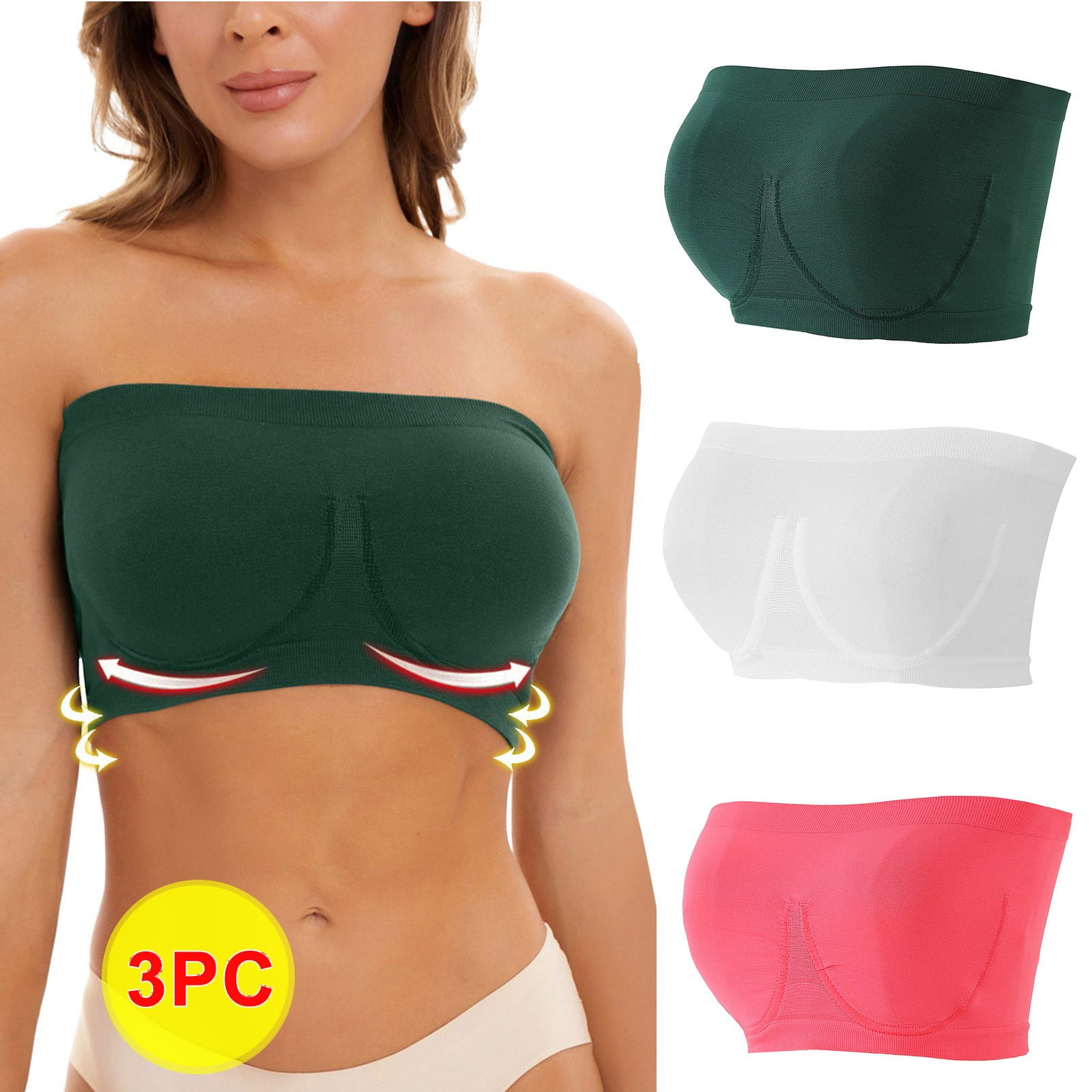 Tuwabeii 3pc Womens Stretch Strapless Bra Summer Bandeau Bra Plus Size