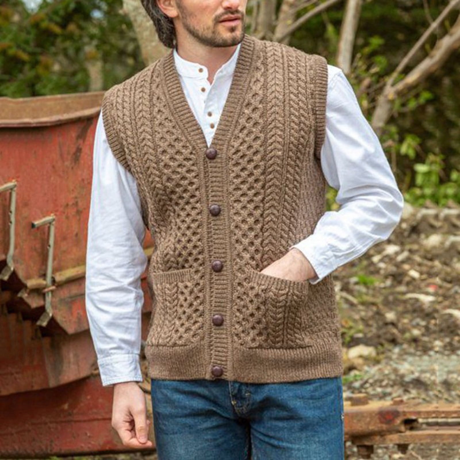 TUWABEII Men's Cardigan Vest Fashion Fall Winter Sweater Loose Large ...