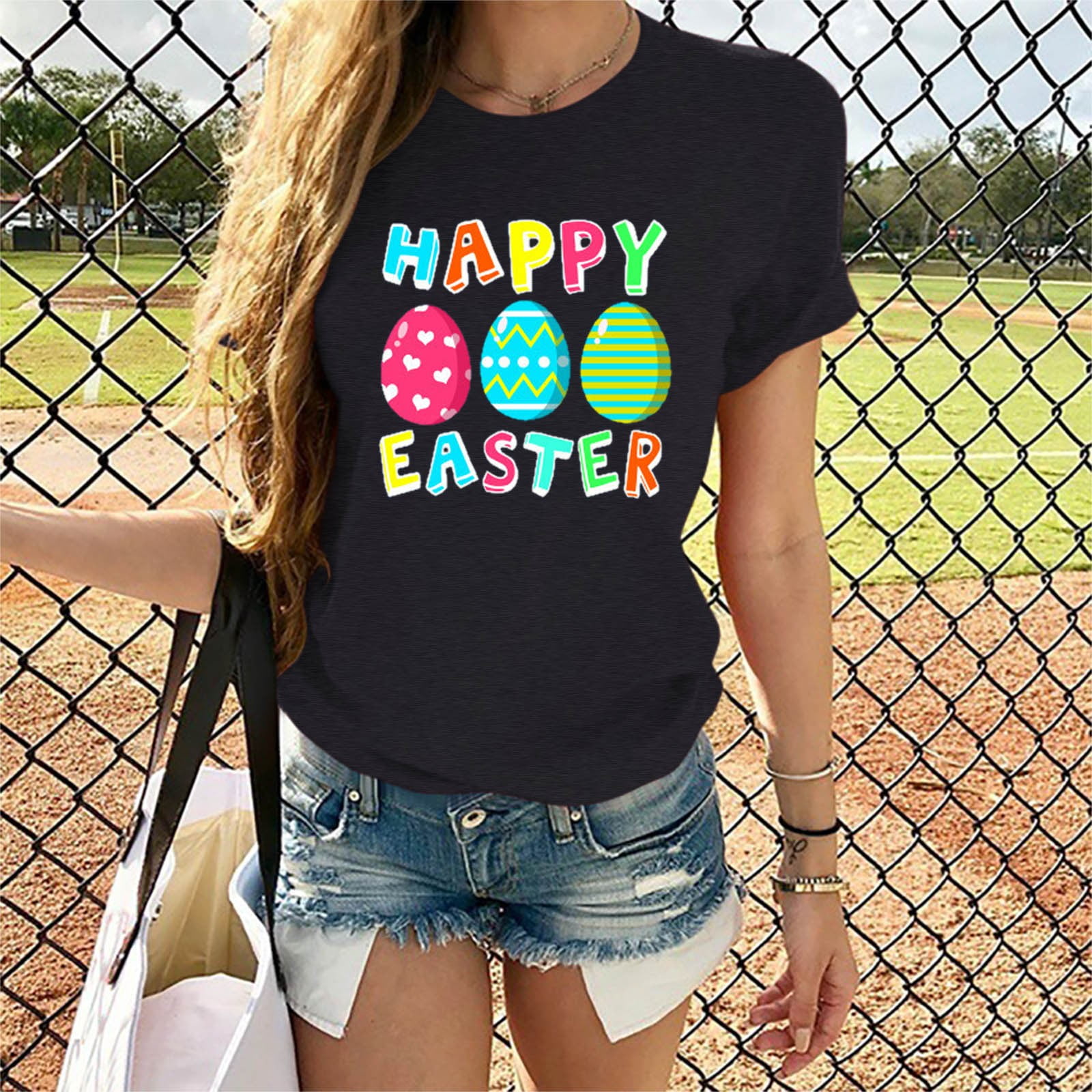 TUWABEII Plus Size Easter Shirt for Womens,2024 Eggs Happy Print And Loose Short Sleeves ...