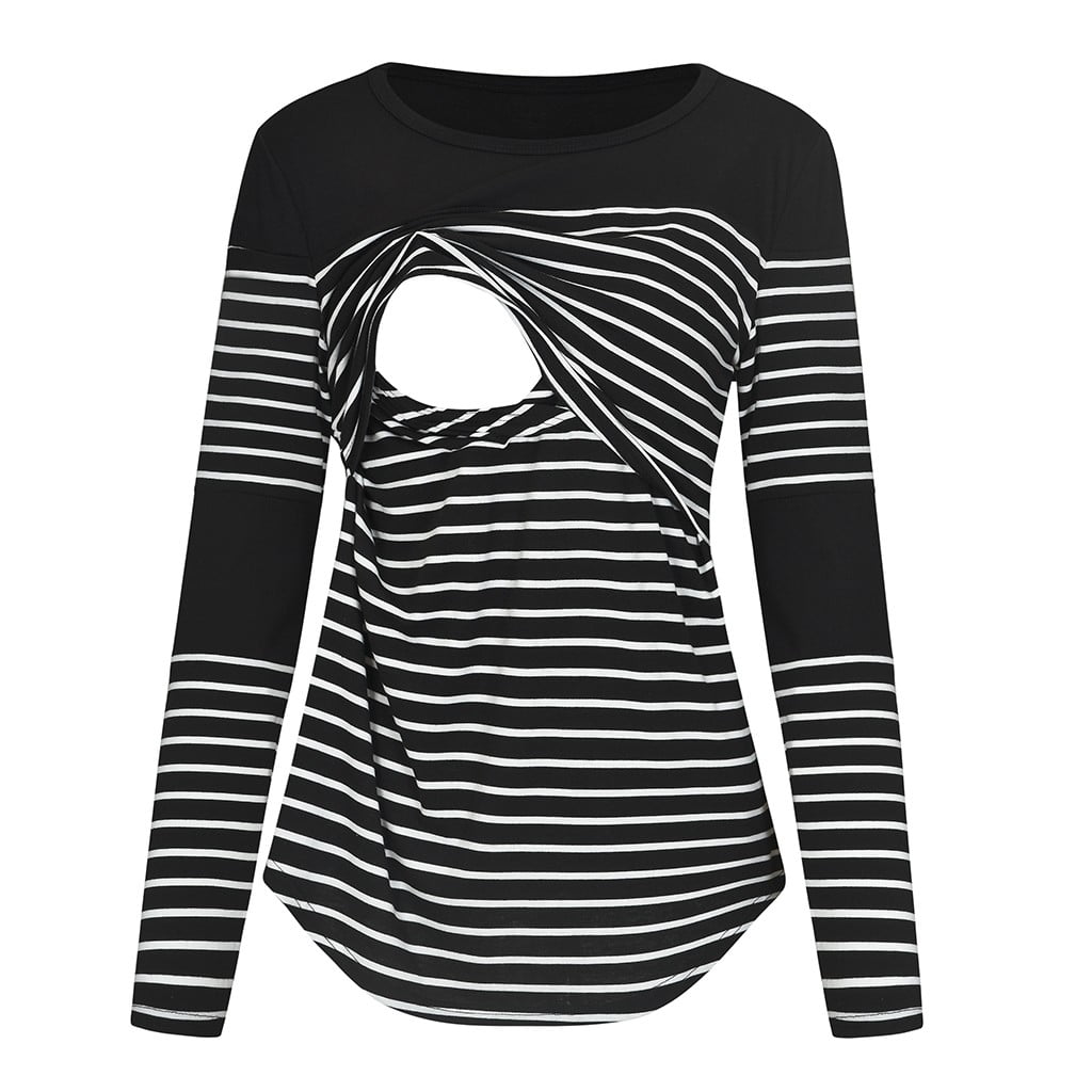 TUWABEII Women's Long Sleeve Maternity Shirt Women Long Striped Nursing ...