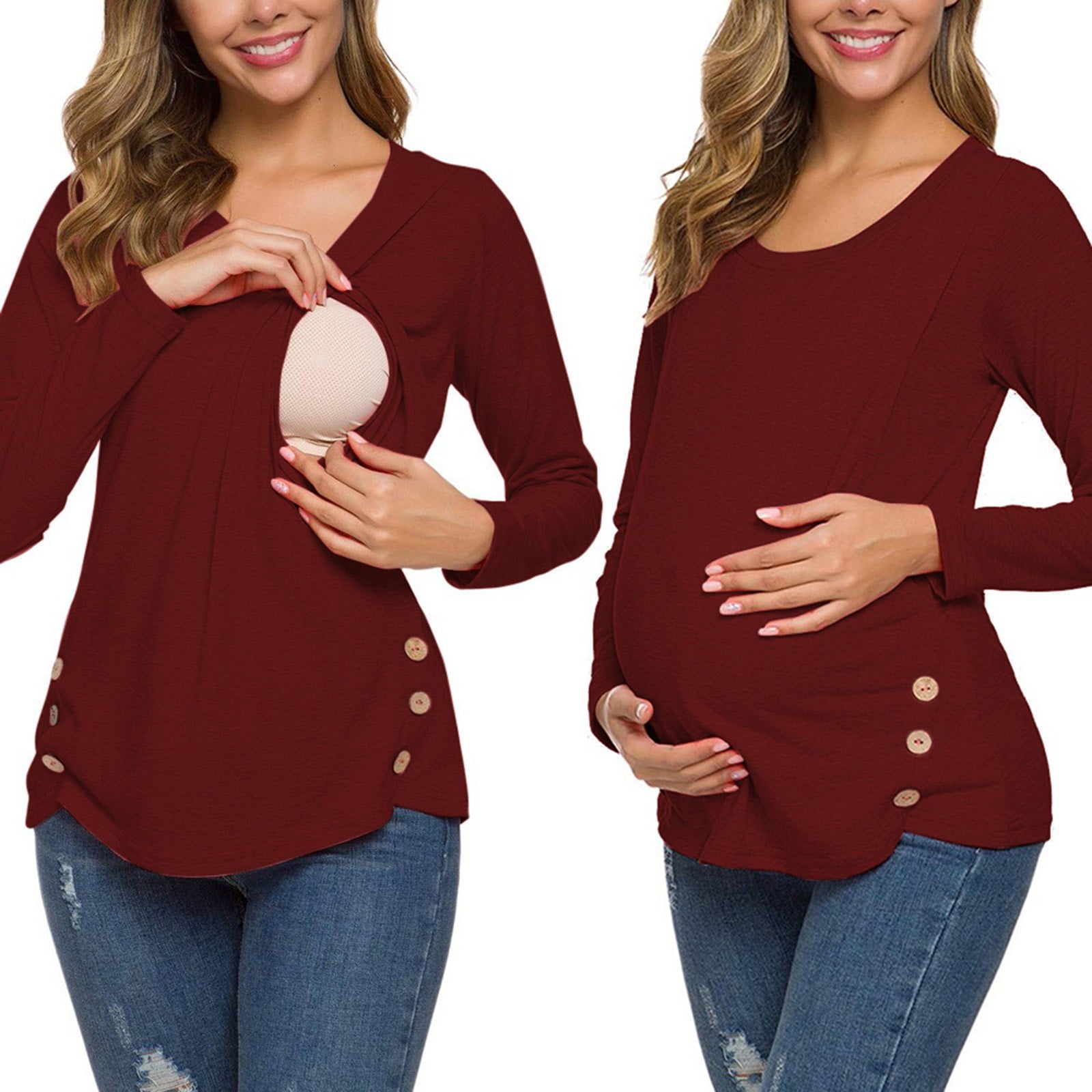 TUWABEII Women's Maternity Tops Long Sleeve Side Button Tunic Nursing ...