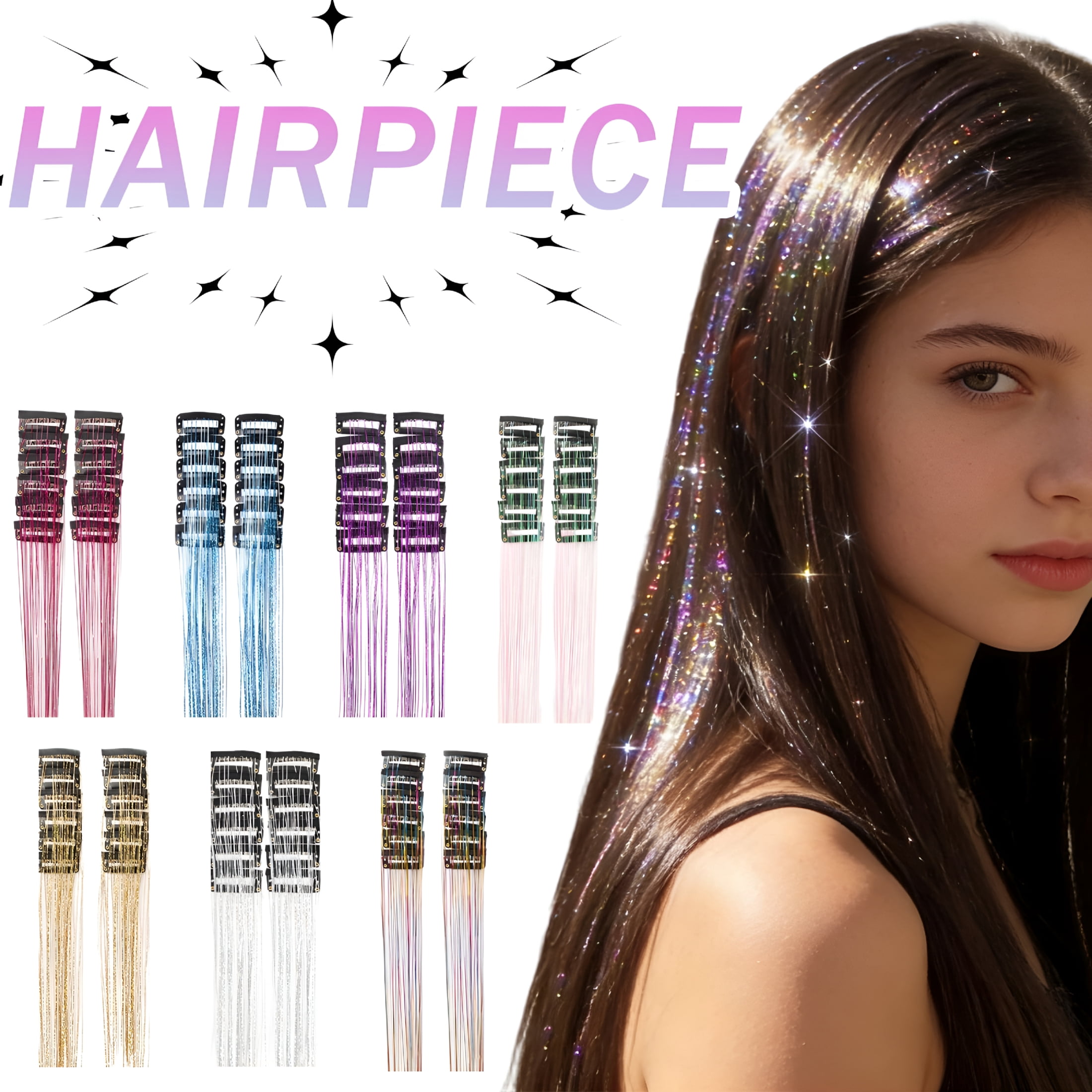 TUWAFE Multicolor Hair Tinsel Clips 12 Count, 20 Inch Glitter Strands ...