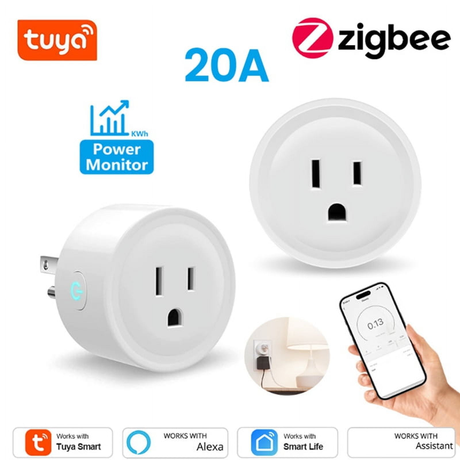 TUYA 20A Smart Plug Zigbee Socket with Power Monitor Timing Function Voice Control Works US Plug ...