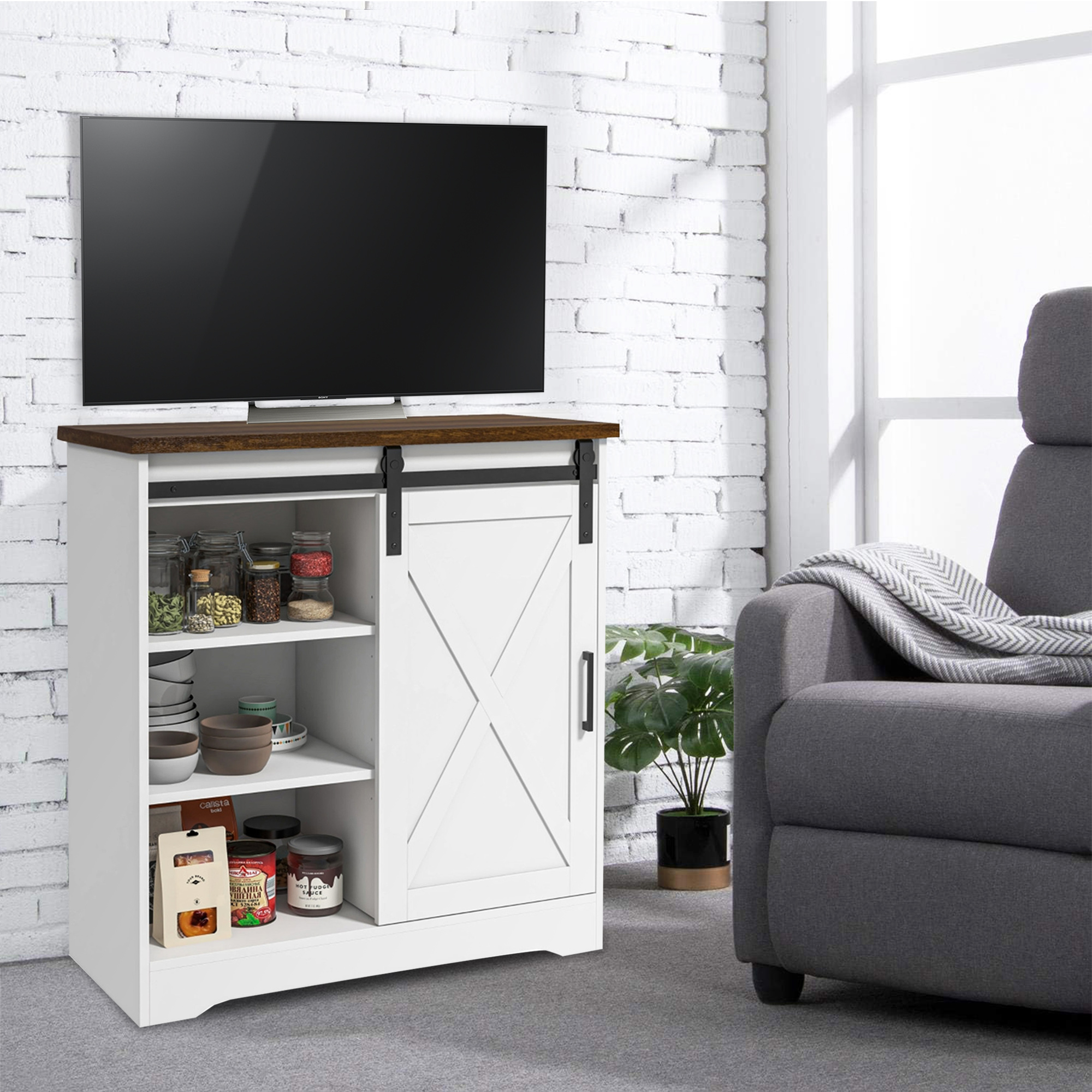 TV Cabinet with Shelves, Farmhouse TV Stand for TVs up to 35", Sliding ...