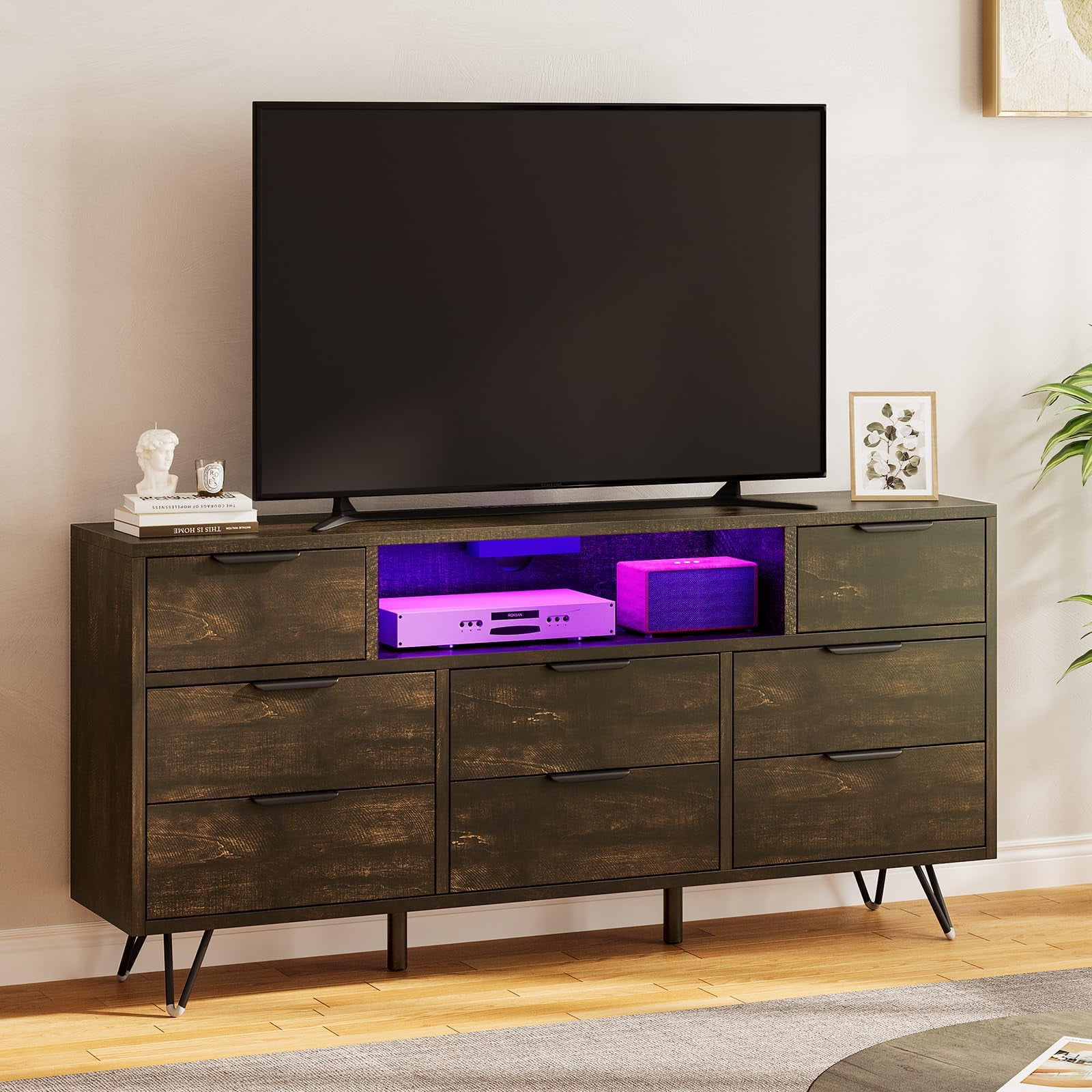 TV Cabinet with Storage LED Lights,Power Outlets, Dresser with 8 ...