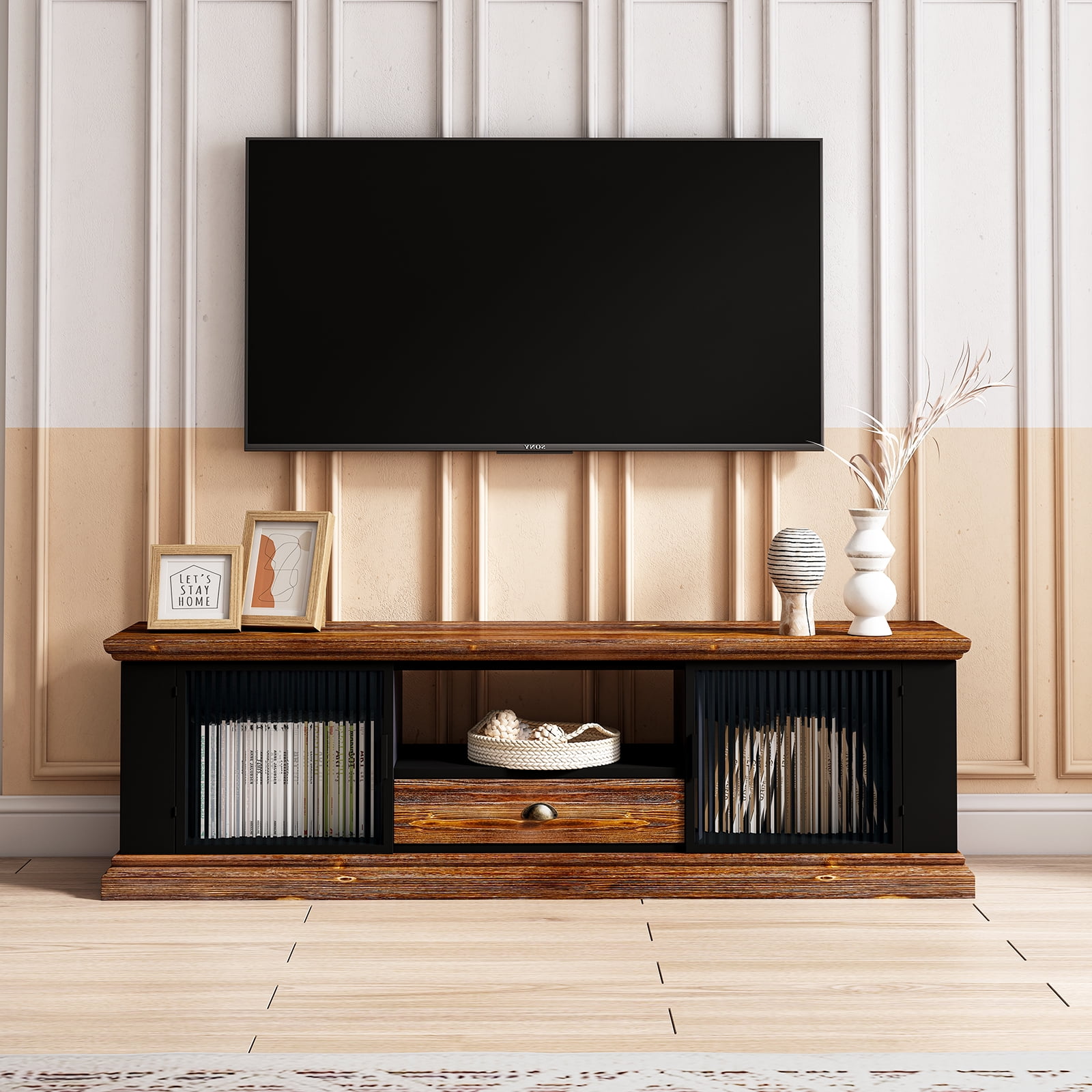 TV Cabinet With 2 Storage Cabinet Drawers Open Shelf Easy Assembly ...