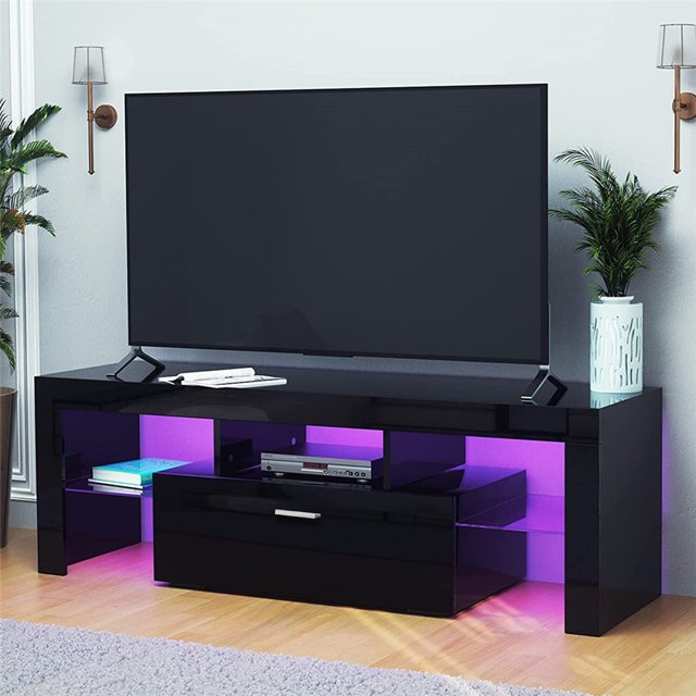 TV Console Cabinet, SEGMART Modern Black TV Stand with LED Lights, High ...