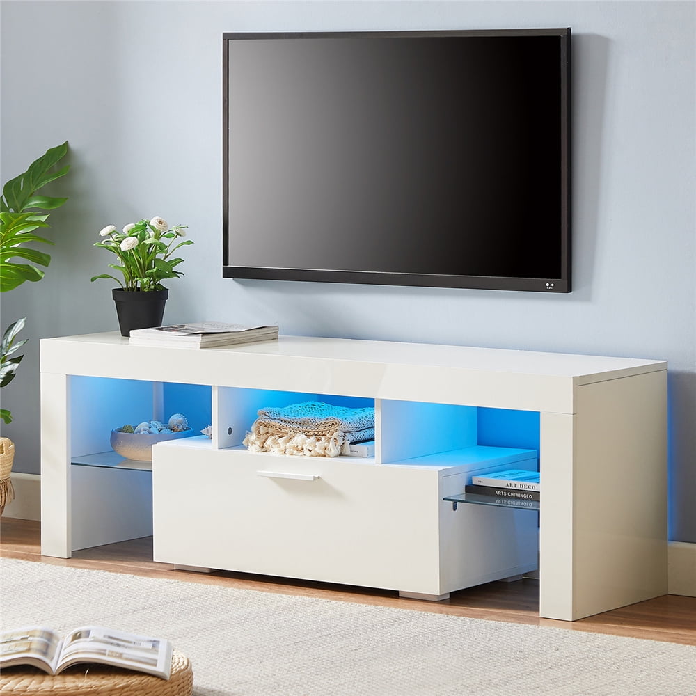 TV Console Cabinet, SEGMART Modern White TV Stand with LED Lights, High ...