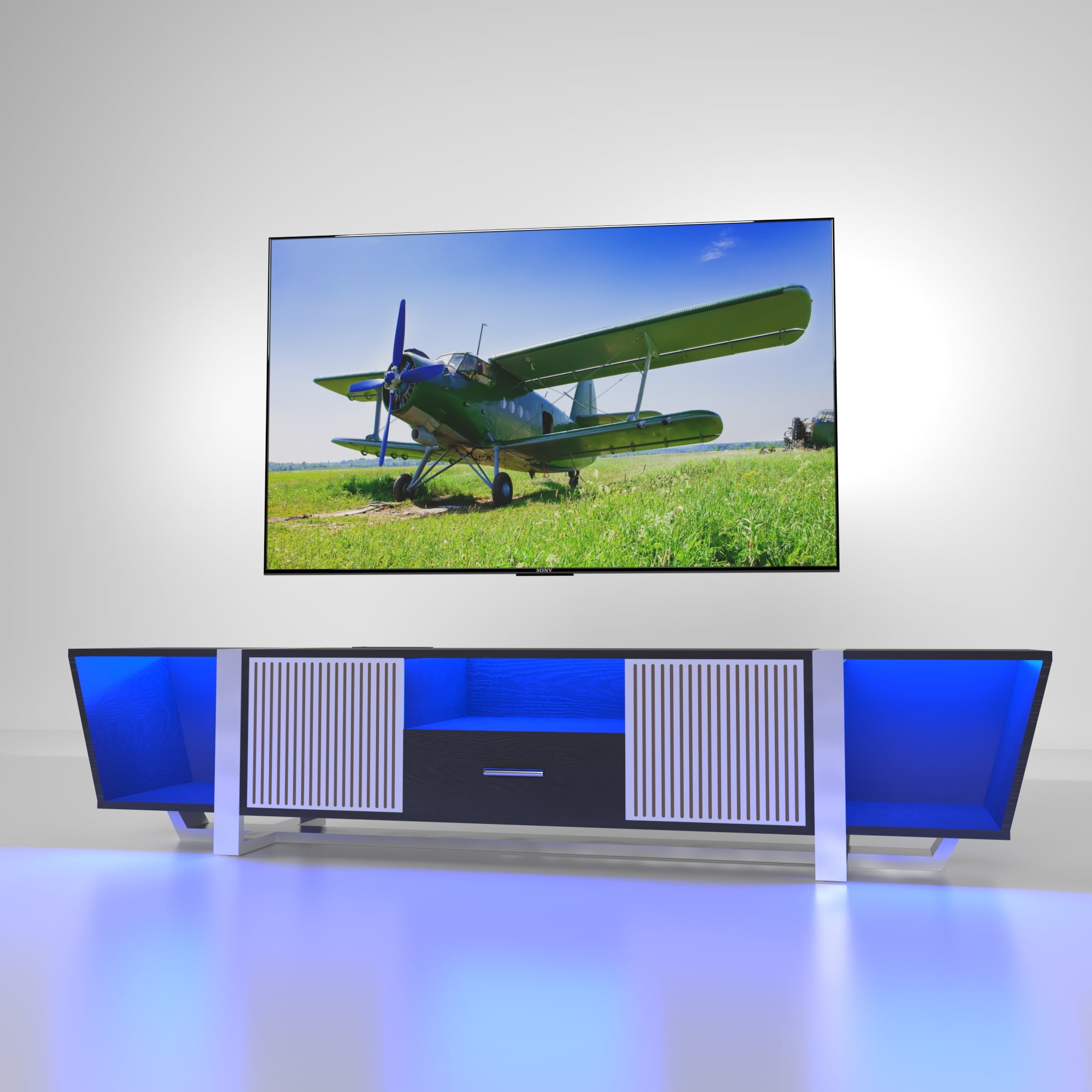 TV Console with Large Storage Cabinets, Biplane Shape Design LED TV ...