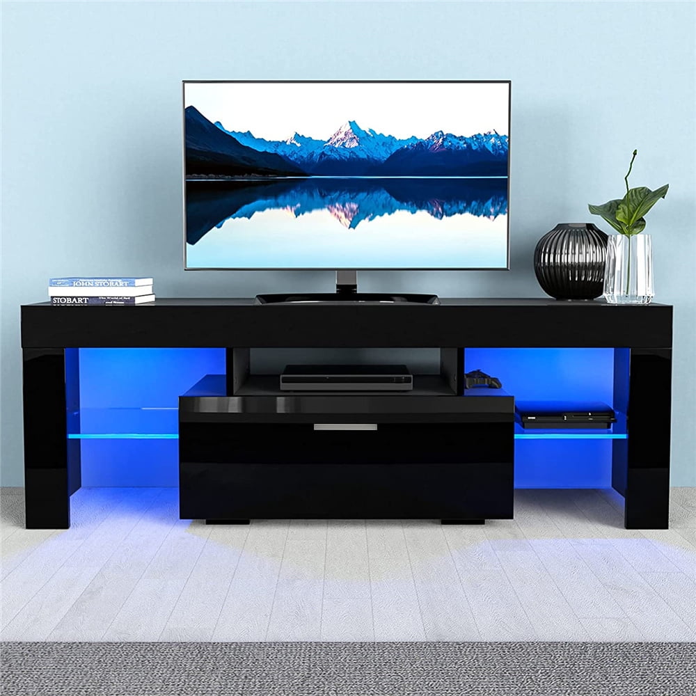 TV Console Table with Storage, SEGMART Modern Black TV Stand with LED ...