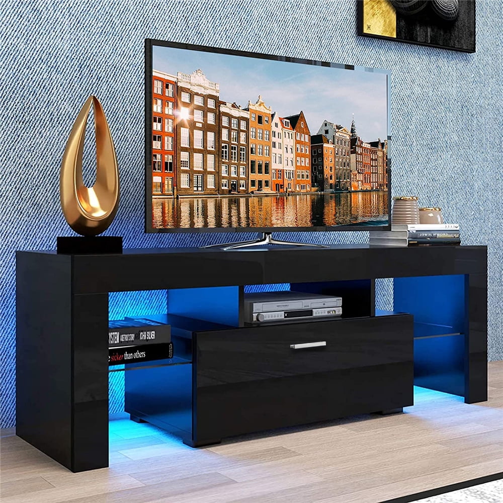 TV Console Table with Storage, SEGMART Modern Black TV Stand with LED ...