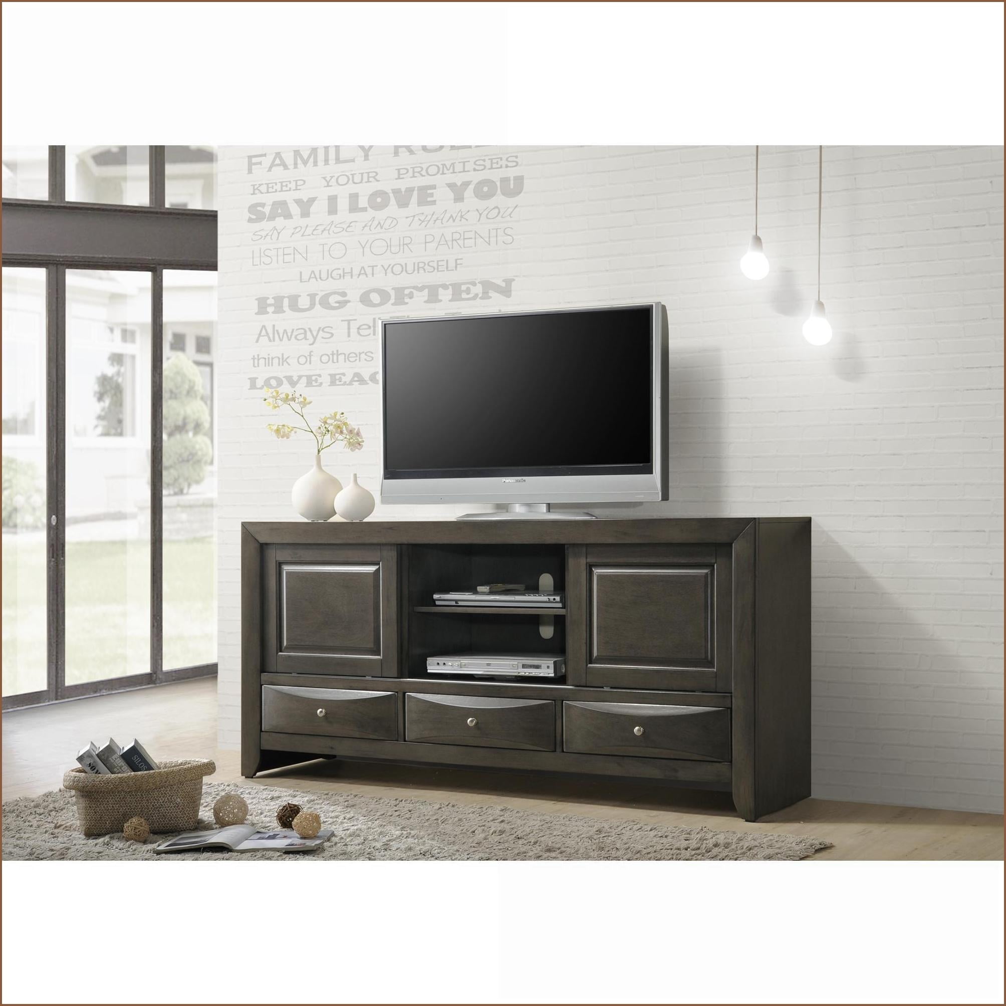 TV Furniture Contemporary Gray TV Stand with 3 Drawers & Open Storage ...