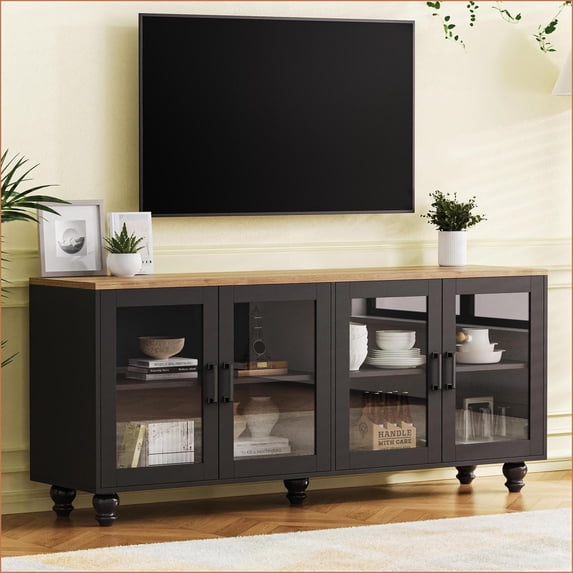 TV Furniture Farmhouse 70” TV Stand with Tempered Glass Doors ...