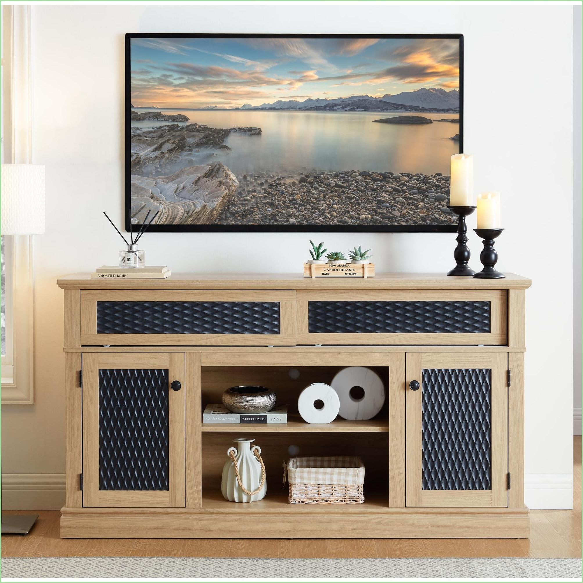 TV Furniture Farmhouse Light Oak TV Stand with Storage | Fits 65'' TV ...