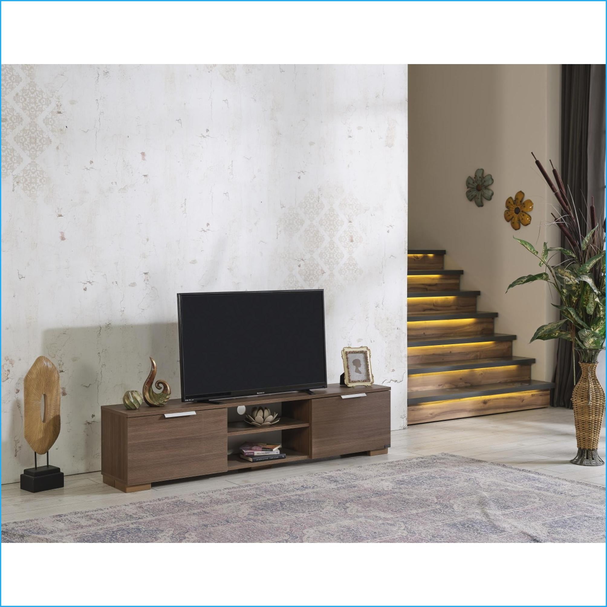 TV Furniture Mid Century Modern 66 Inch White Walnut TV Stand with 2 ...