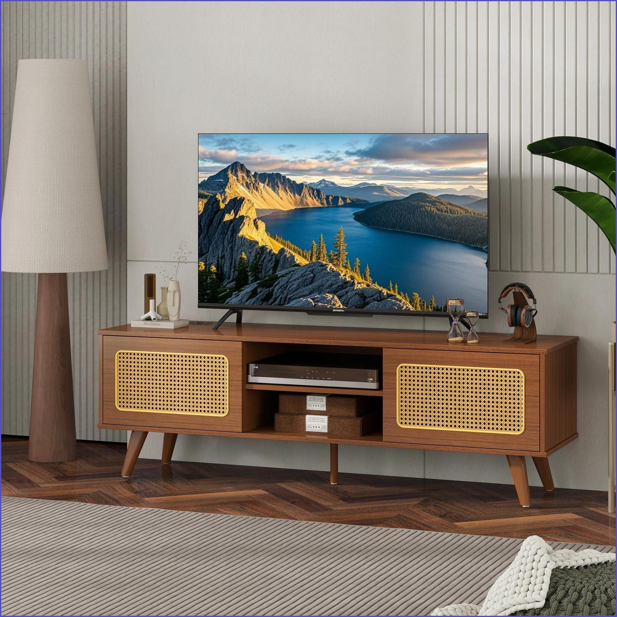 TV Furniture Mid-Century Modern Walnut Rattan TV Stand with Charging ...