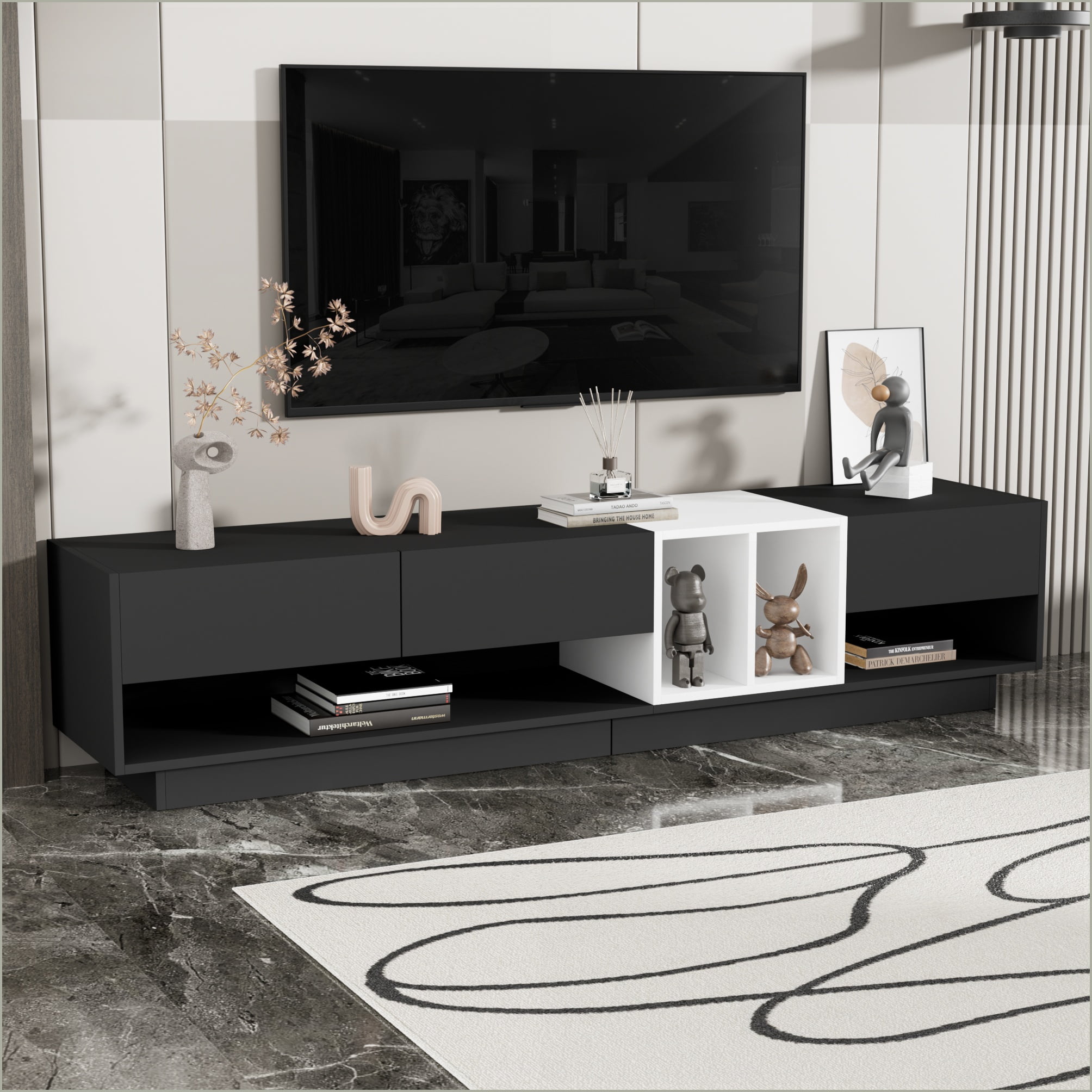 TV Furniture Modern Black 2-Tone TV Stand with Storage, Fits 80” TVs ...