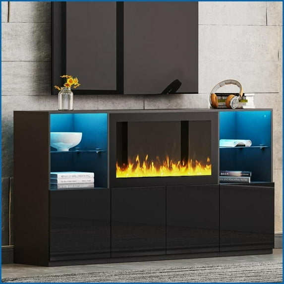 TV Furniture | Modern Black Entertainment Center with 34.2'' Electric Fireplace, LED Lights ...