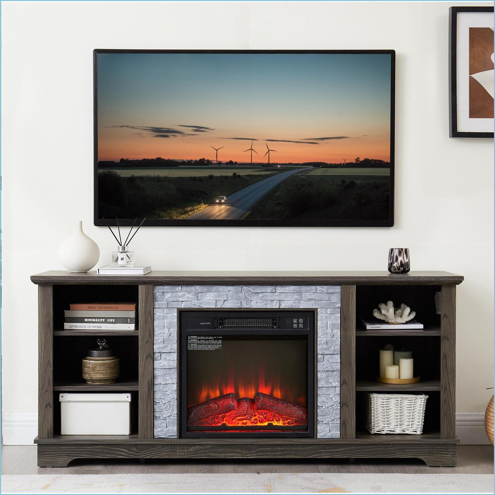 TV Furniture | Modern Grey Electric Fireplace Media Stand with Faux ...