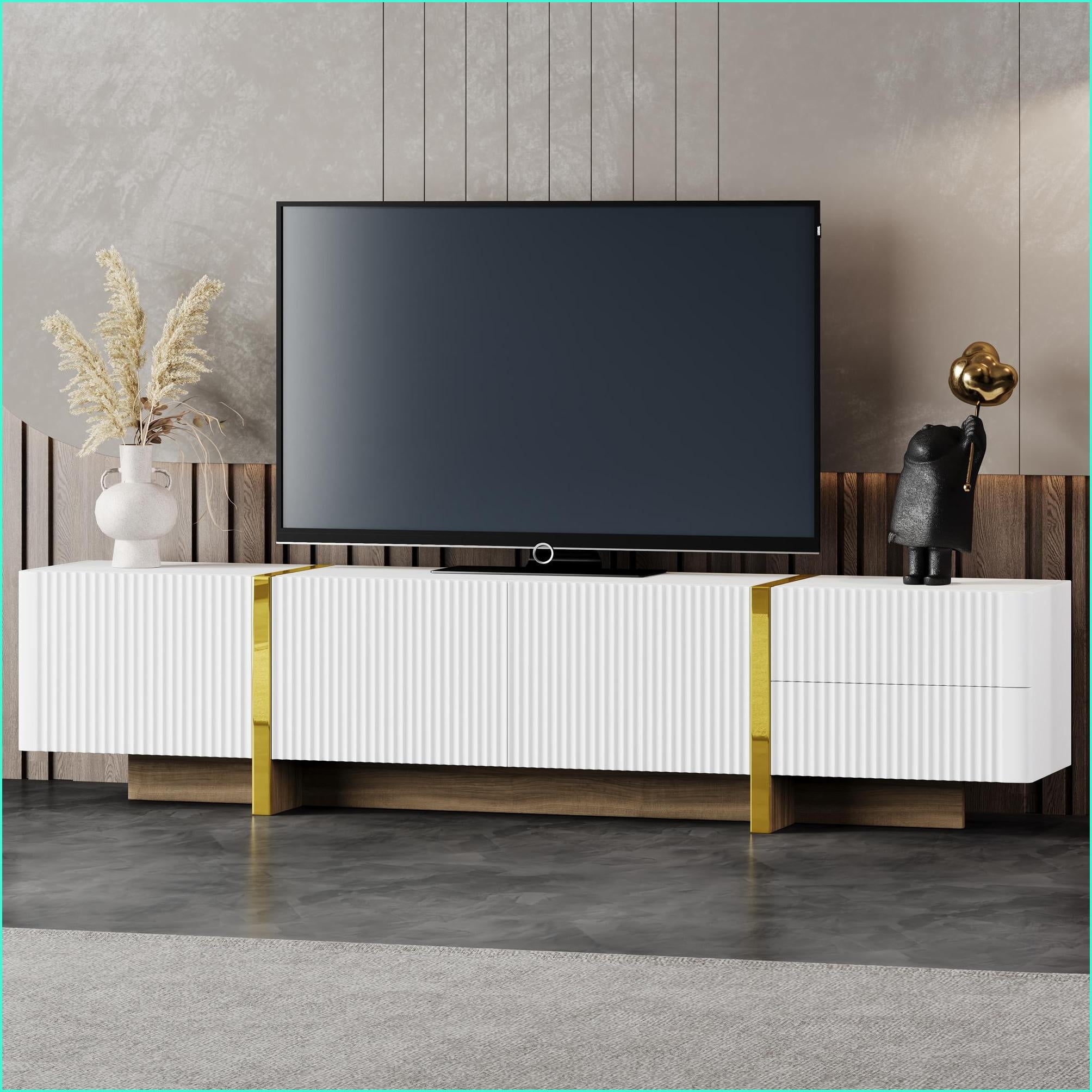TV Furniture Modern White & Gold Fluted TV Stand with Storage, Fits 80 ...