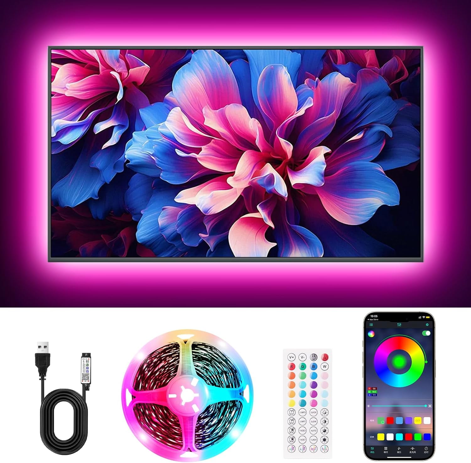 TV LED Lights, 13.2ft Music Sync RGB Strip Lights with Remote & App ...