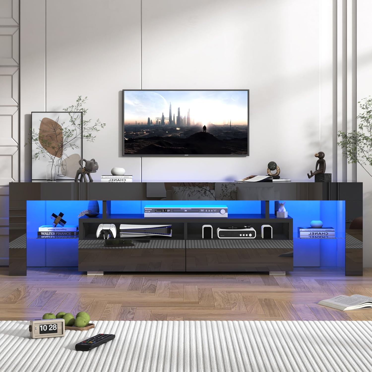 TV Stand with 16 Color LED Lights, Media Console with Drawer and Glass ...