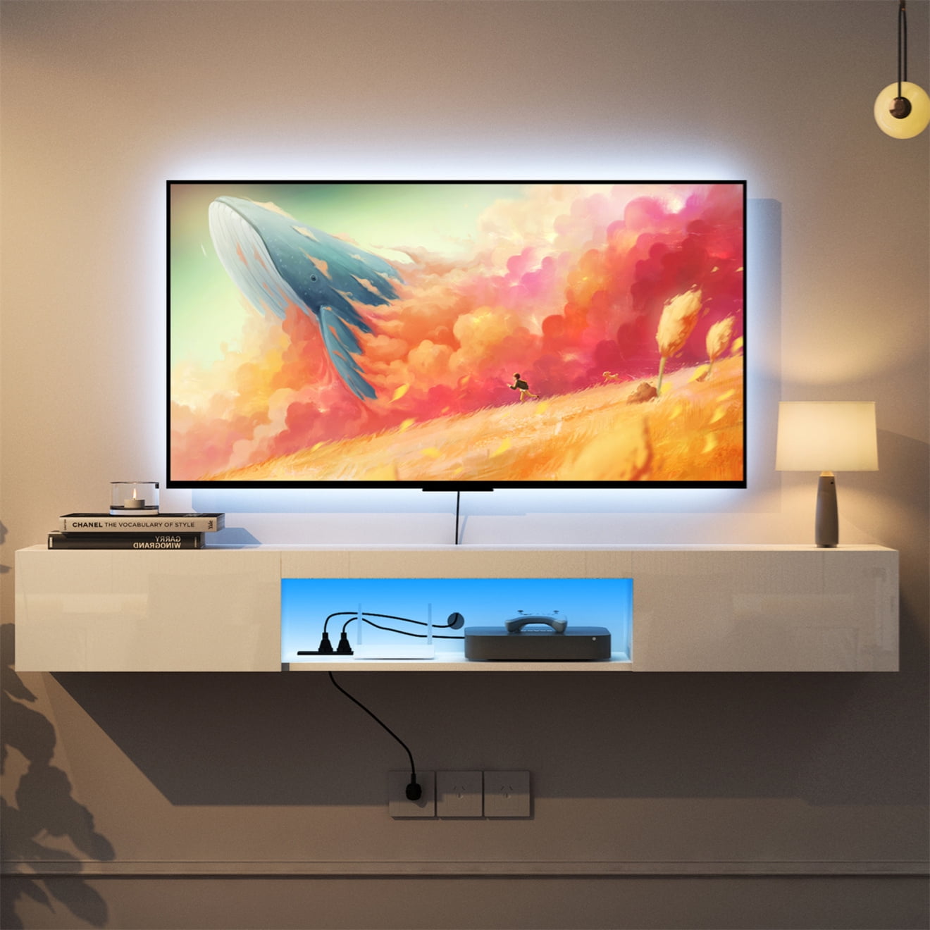 TV Stand, 16 Color LEDs Wall Mounted Floating 65" Entertainment Center ...