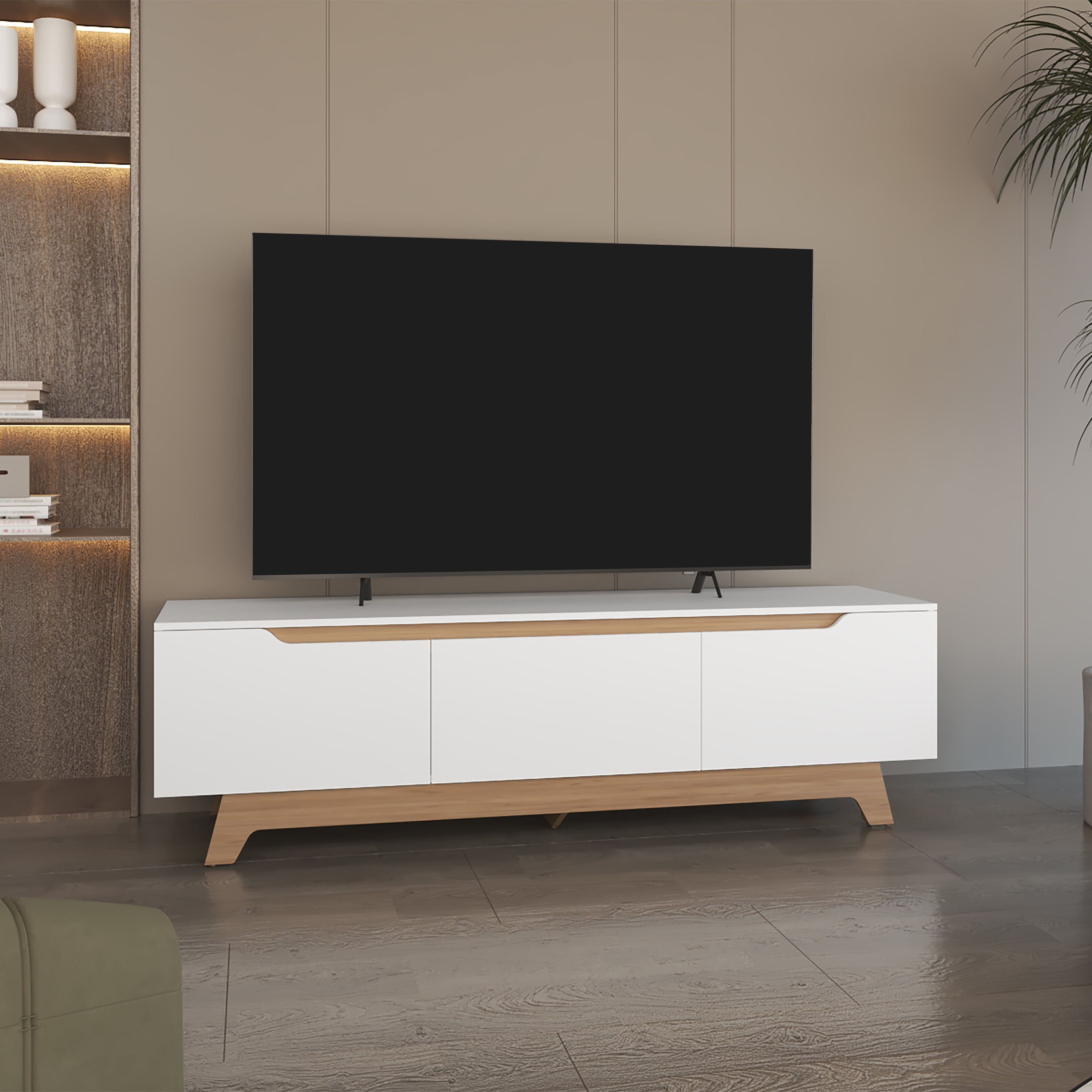 TV Stand with 2 Doors and 1 Drawer, White/Natural Oak | Modern compact ...