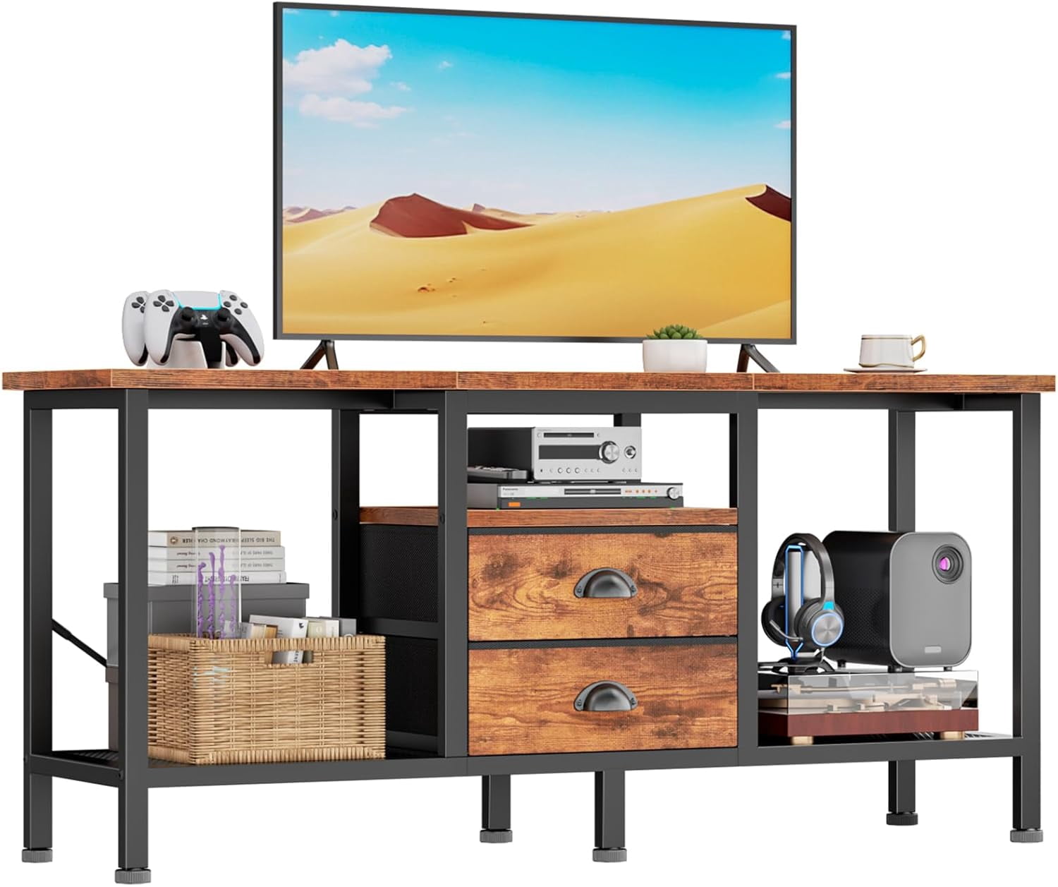 TV Stand with 2 Fabric Drawers, 42 Inch Small Entertainment Center with ...