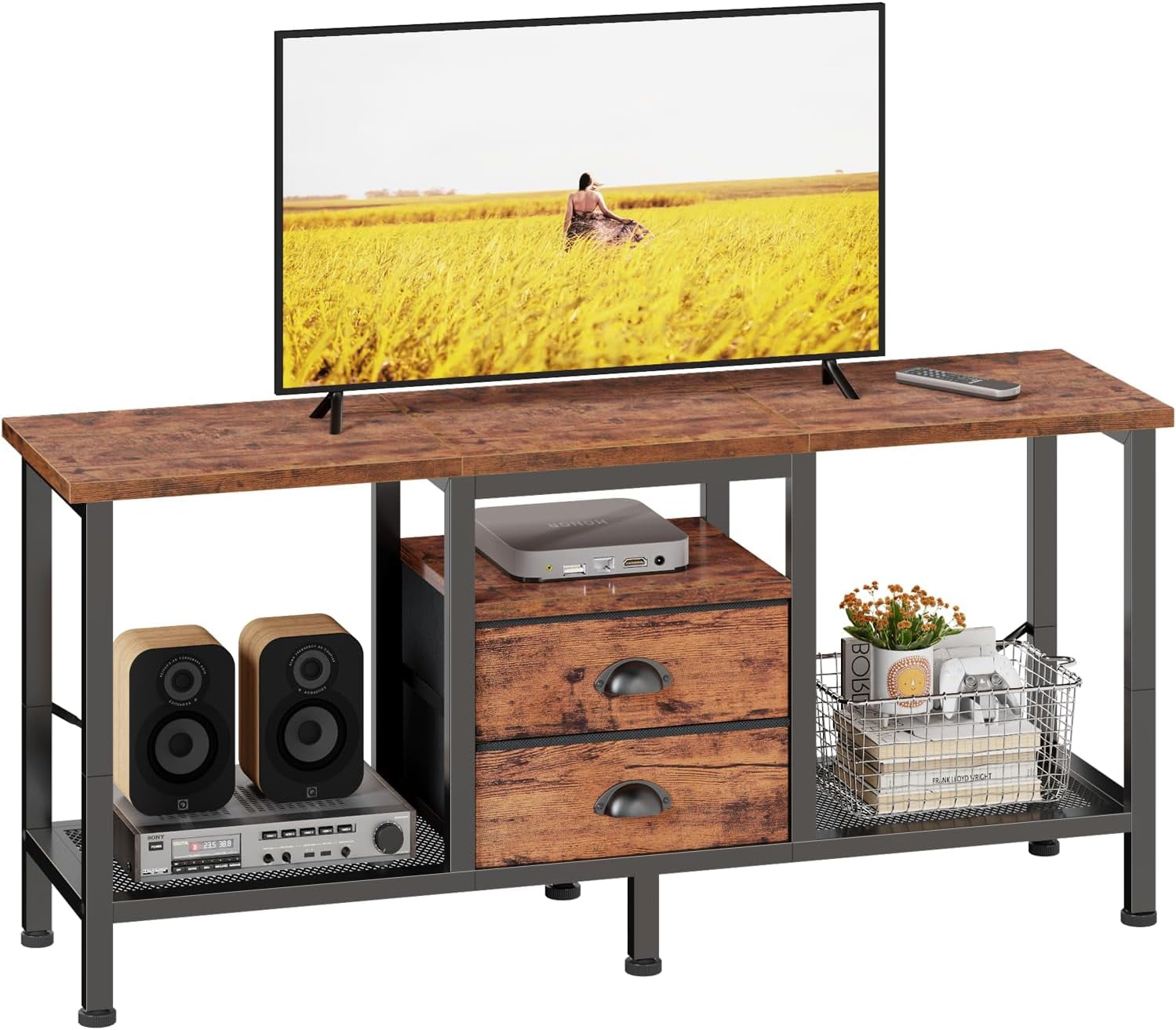 TV Stand with 2 Fabric Drawers, 42 Inch Small Entertainment Center with ...