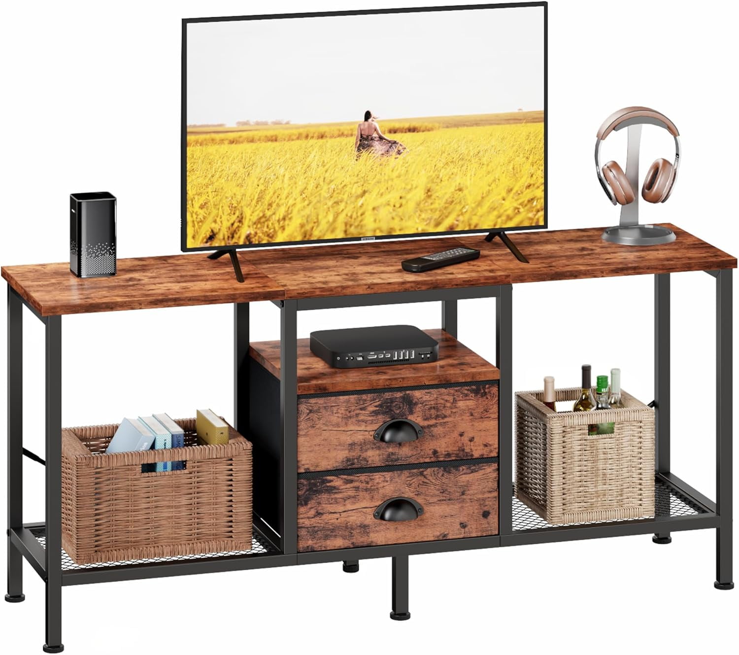 TV Stand with 2 Fabric Drawers, 42 Inch Small Entertainment Center with ...