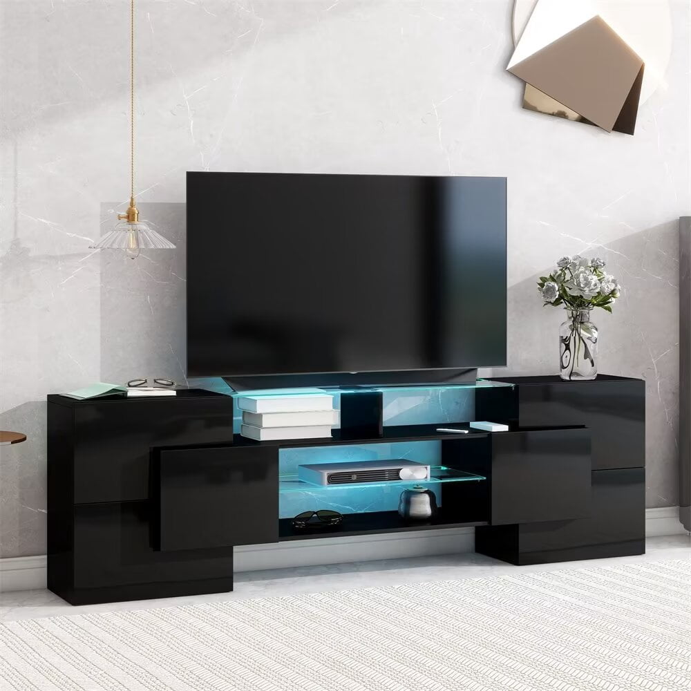 TV Stand with 2 Illuminated Glass Shelves, High Gloss Entertainment ...