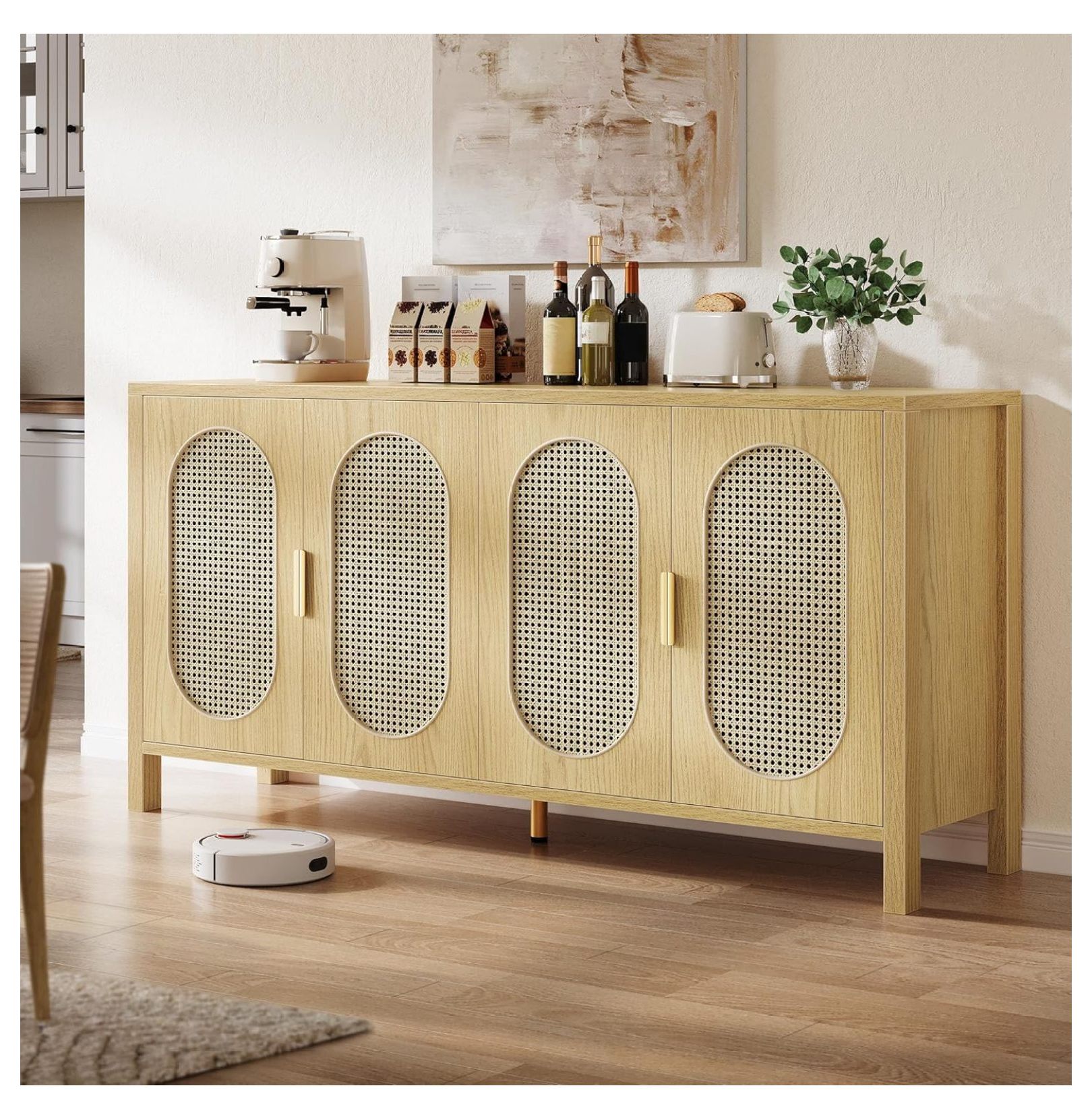 TV Stand 4 Door Dressers Storage Cabinet Natural Rattan Oak Wooden ...